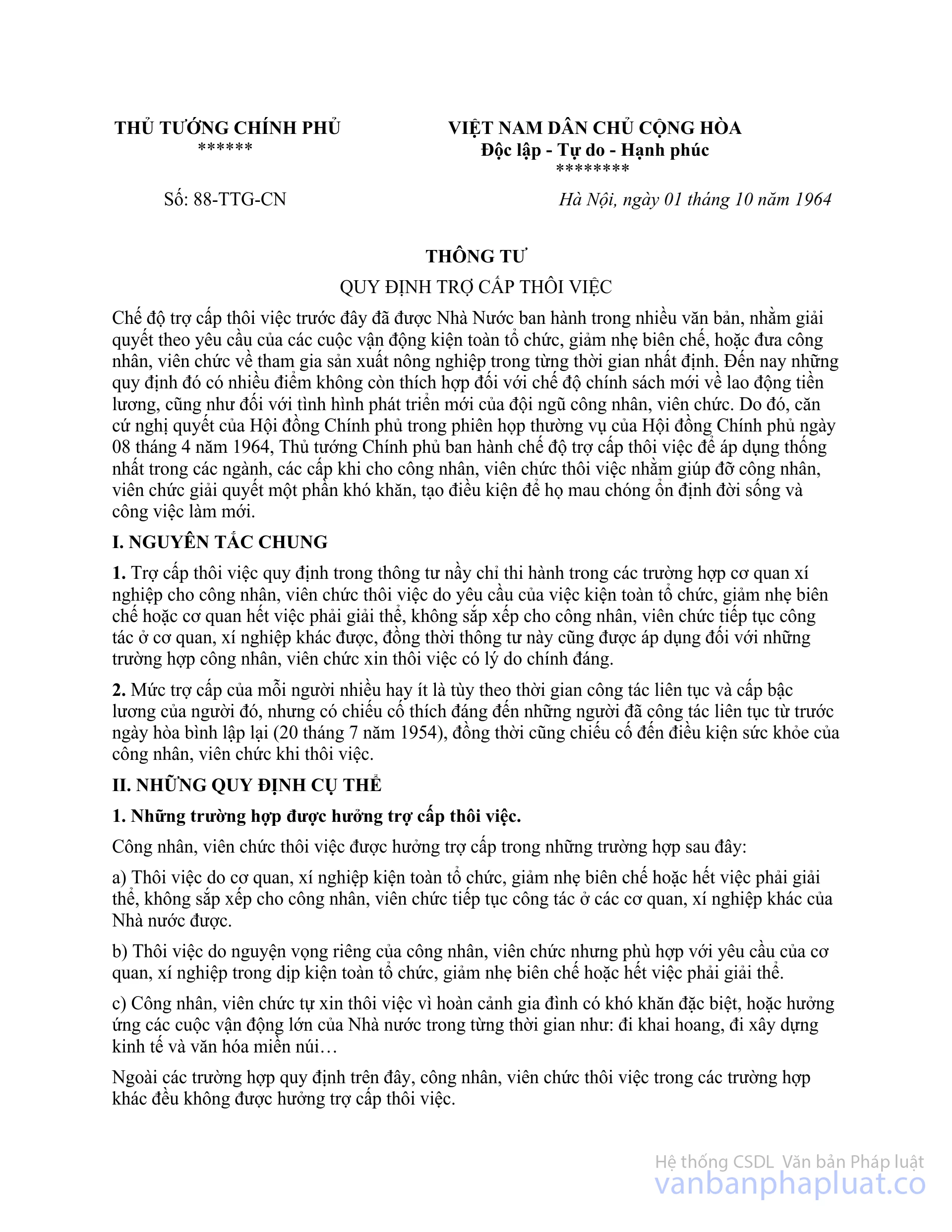 Thông tư 88-TTg-CN quy định trợ cấp thôi việc