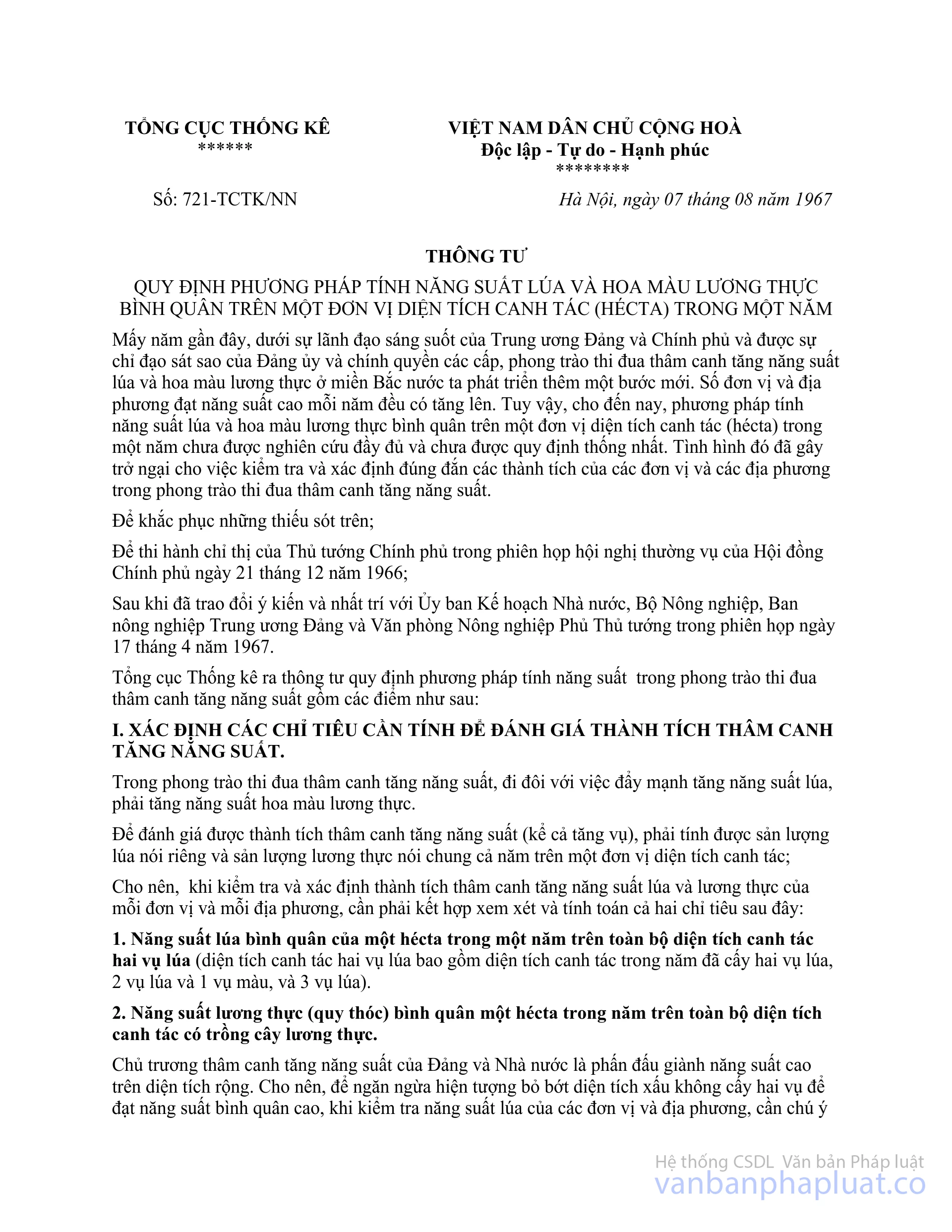 Thông tư 721-TCTK/NN phương pháp tính năng suất lúa hoa màu lương thực ...
