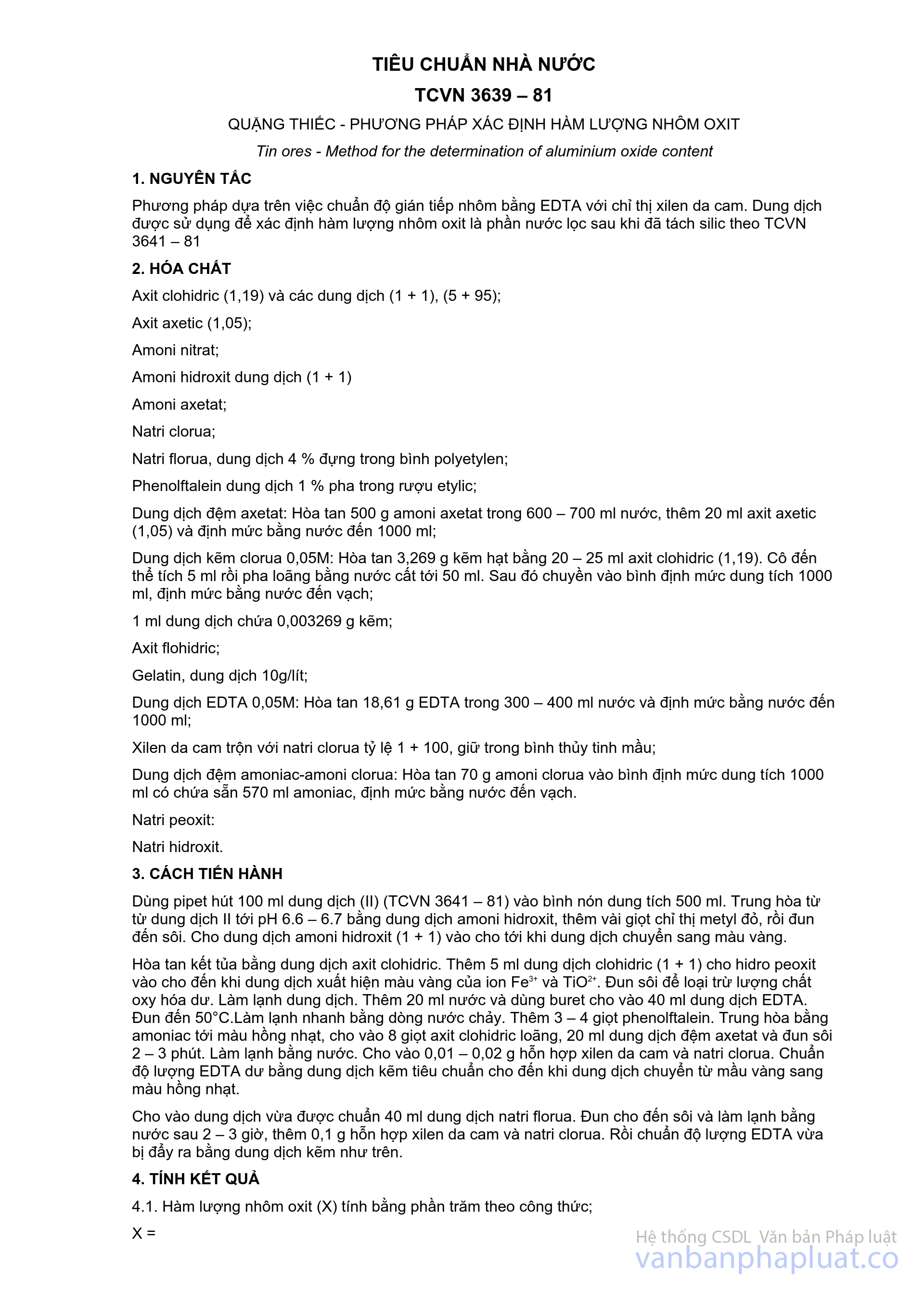 Tiêu chuẩn Việt Nam TCVN 3639:1981 về Quặng thiếc - Phương pháp xác định hàm lượng nhôm oxit do ...
