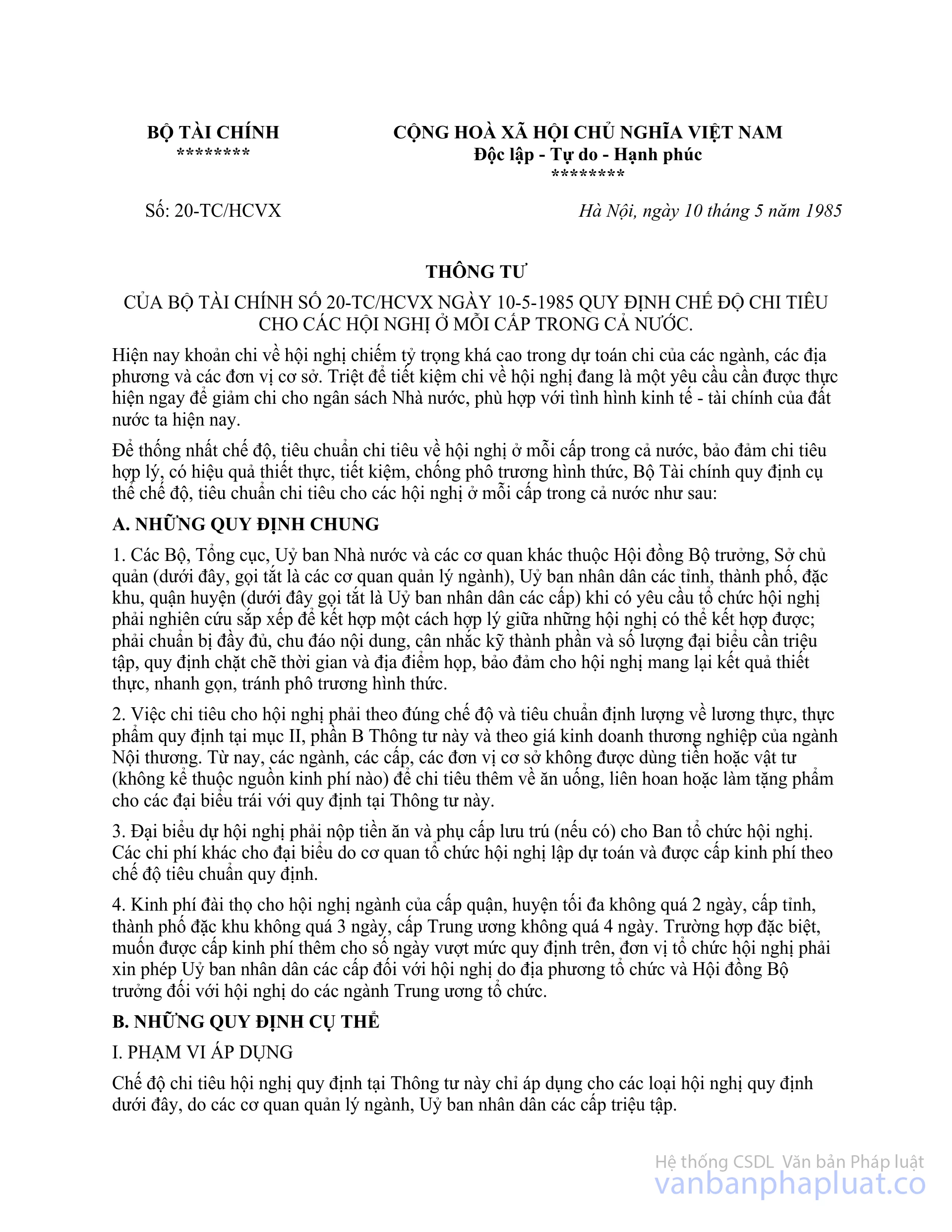 Thông tư 20-TC/HCVX quy định chế độ chi tiêu hội nghị mỗi cấp cả nước