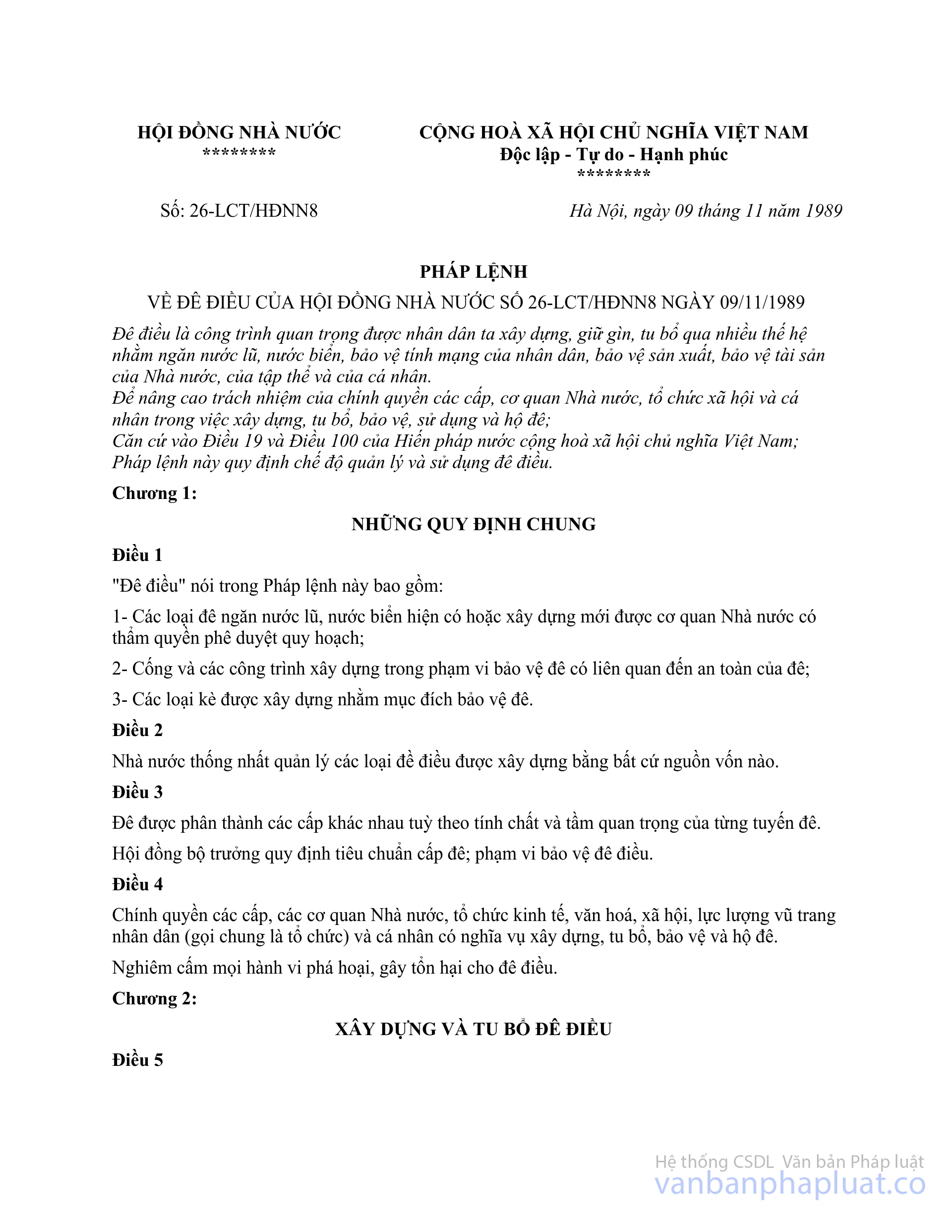 Pháp lệnh Đê điều 1989 26-LCT/HĐNN8
