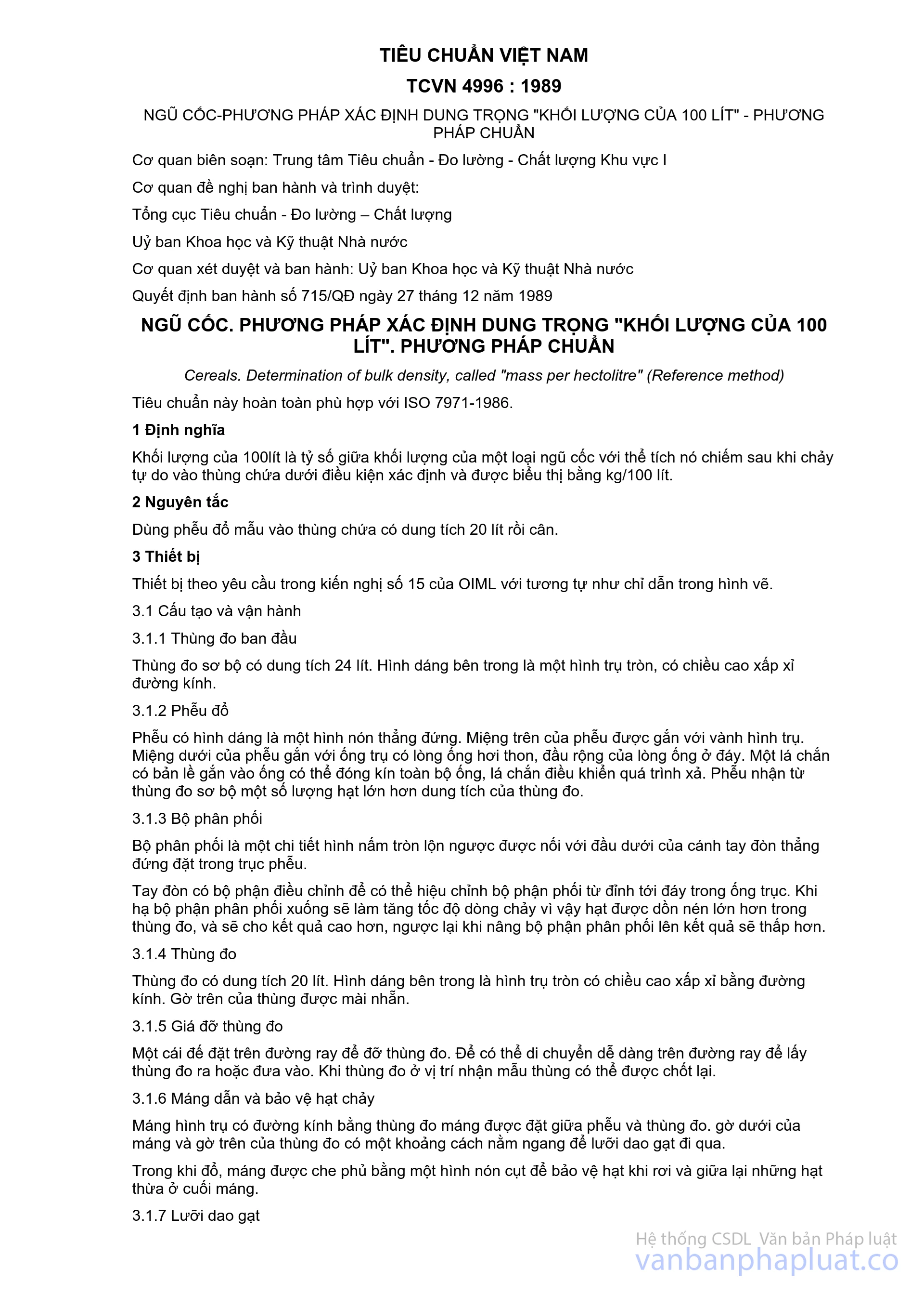Tiêu chuẩn Việt Nam TCVN 4996:1989 (ISO 7971-1986) về ngũ cốc - phương pháp xác định dung trọng ...