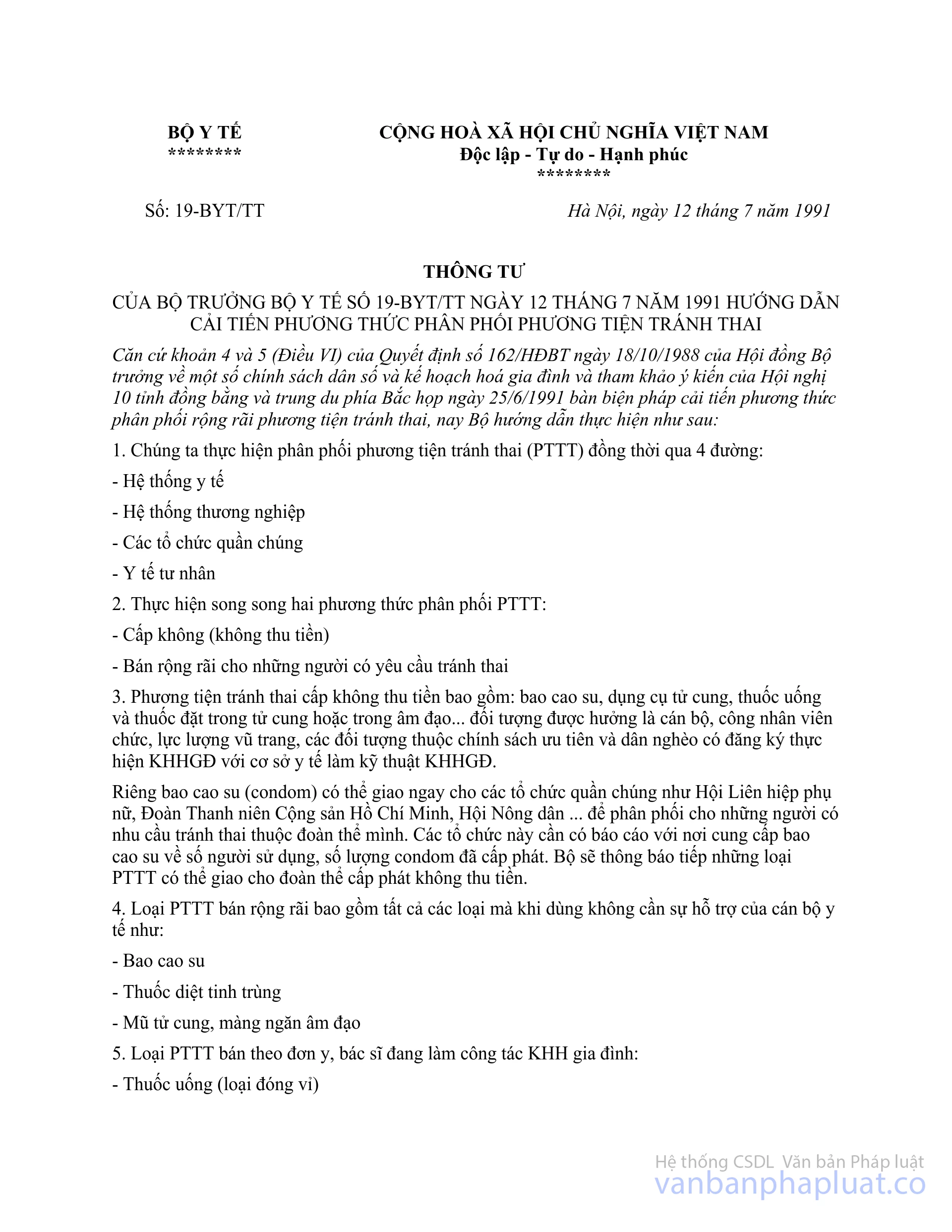 Thông tư 19-BYT/TT hướng dẫn cải tiến phương thức phân phối phương tiện tránh thai