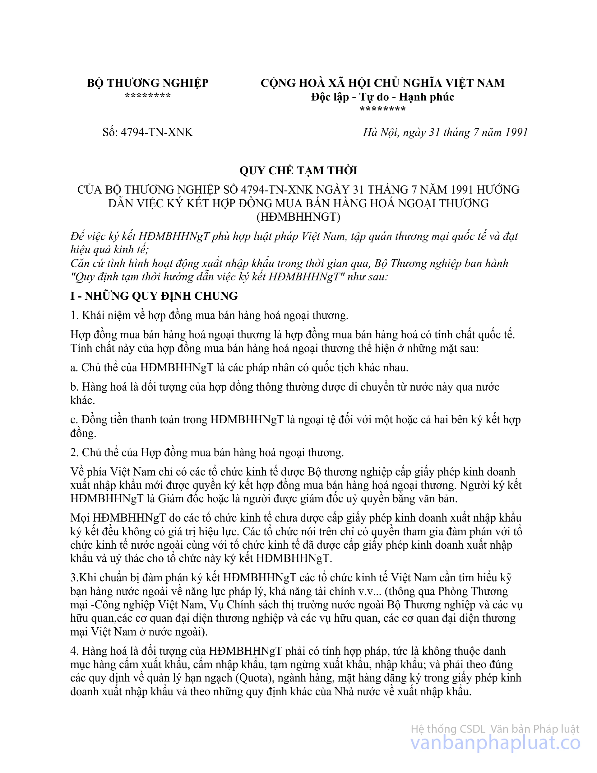 Quy chế 4794-TN-XNK Hướng dẫn ký kết hợp đồng mua bán hàng hoá thương mại (HĐMBHHNgT)