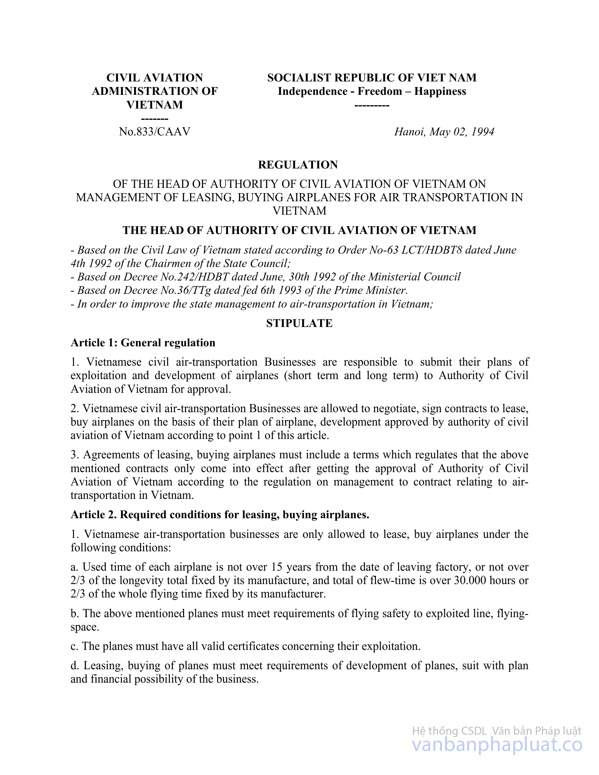 Regulation No. 833/CAAV on management of leasing, buying airplanes for ...