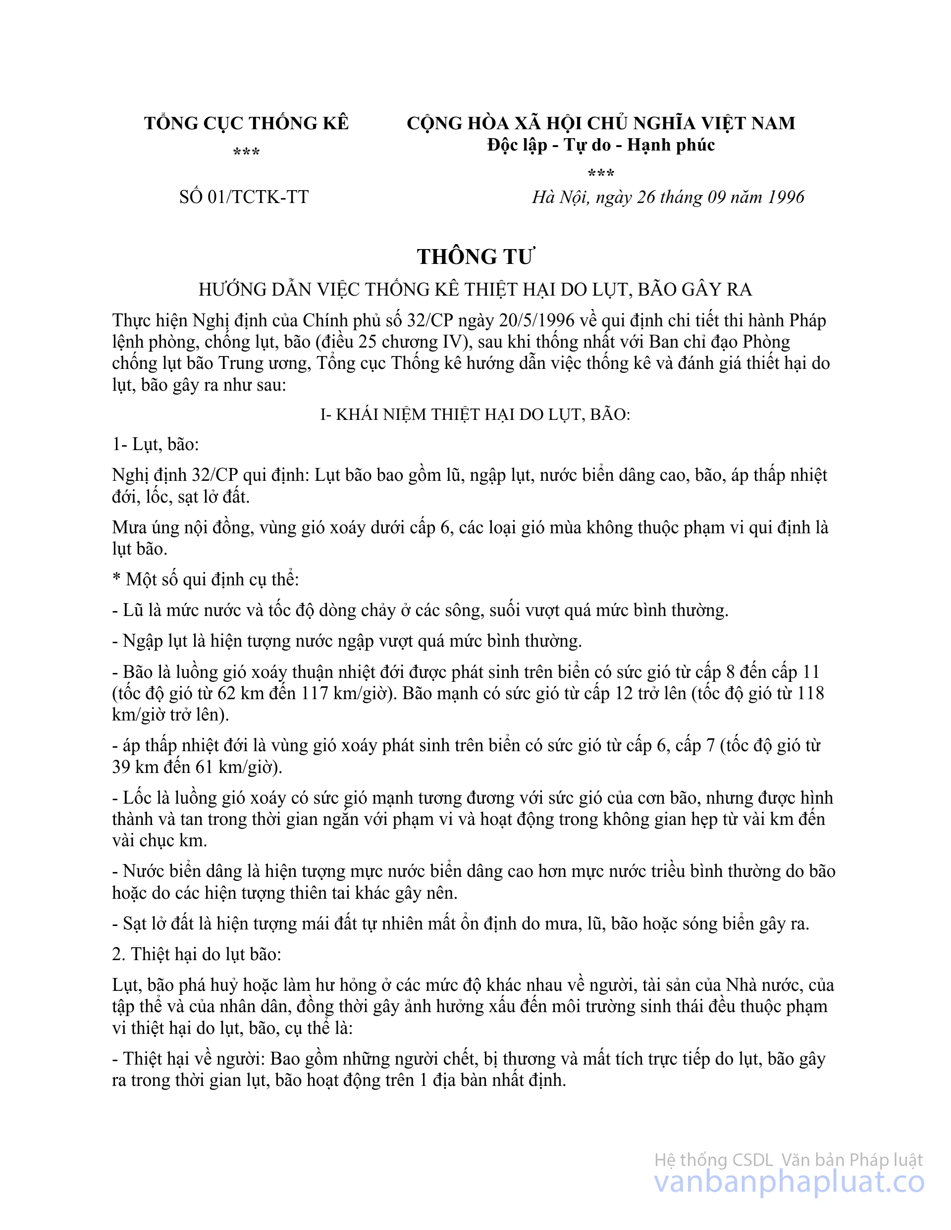 Thông tư 01/TCTK-TT hướng dẫn thống kê thiệt hại lụt, bão gây ra