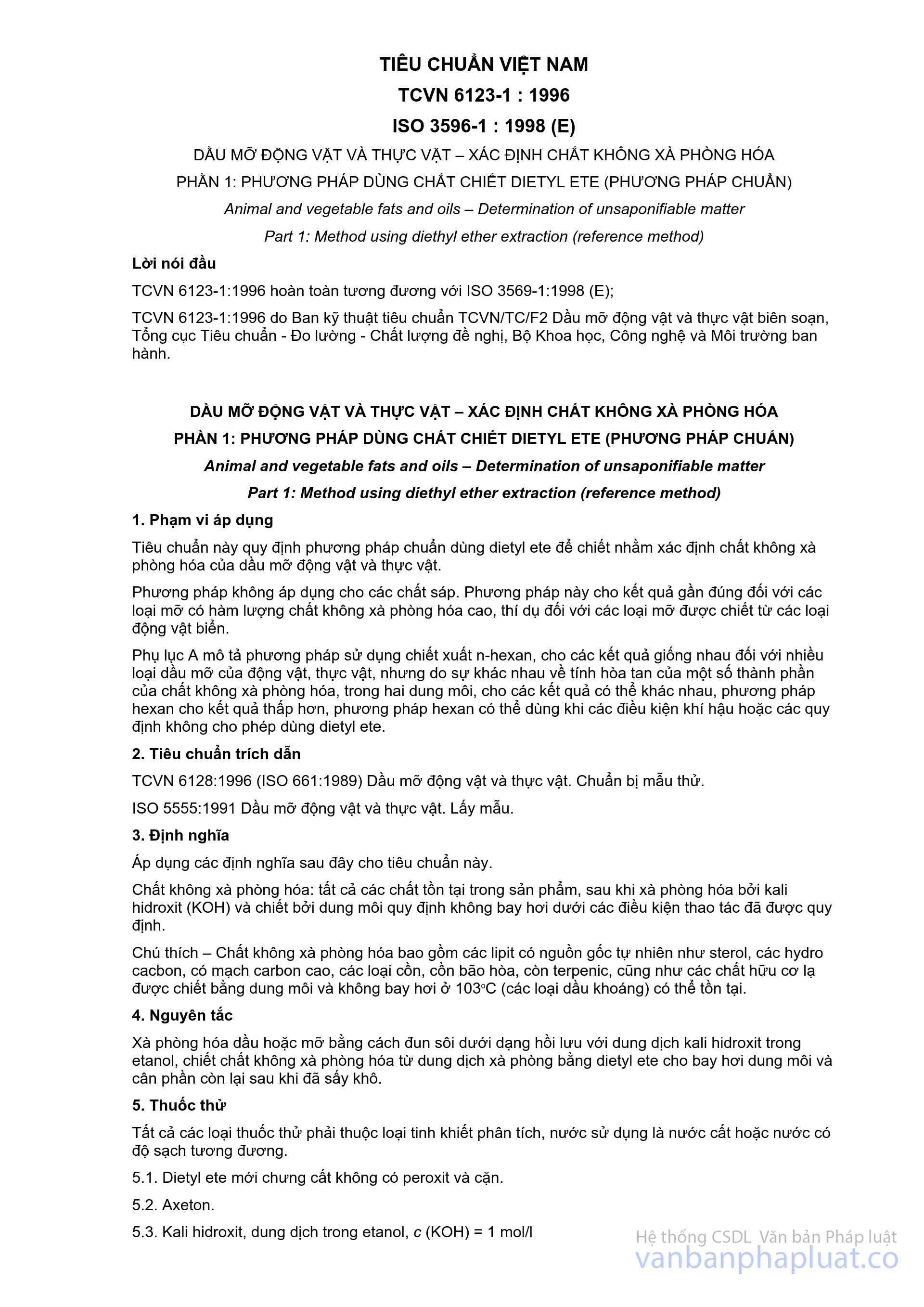 Tiêu chuẩn Việt Nam TCVN 6123-1:1996 (ISO 3596-1 : 1998 (E)) về dầu mỡ ...
