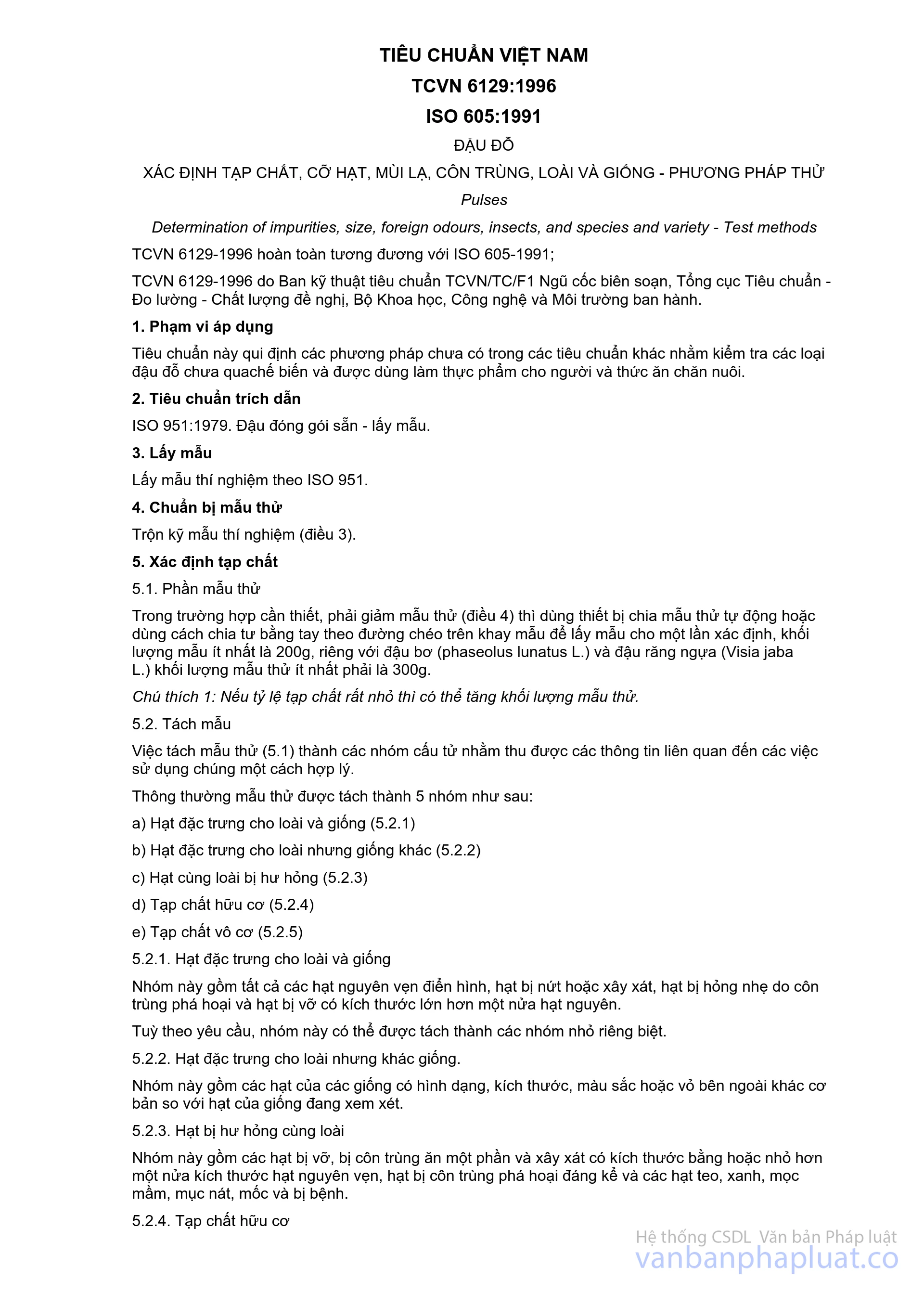 Tiêu chuẩn Việt Nam TCVN 6129:1996 (ISO 605:1991) về đậu đỗ - xác định ...