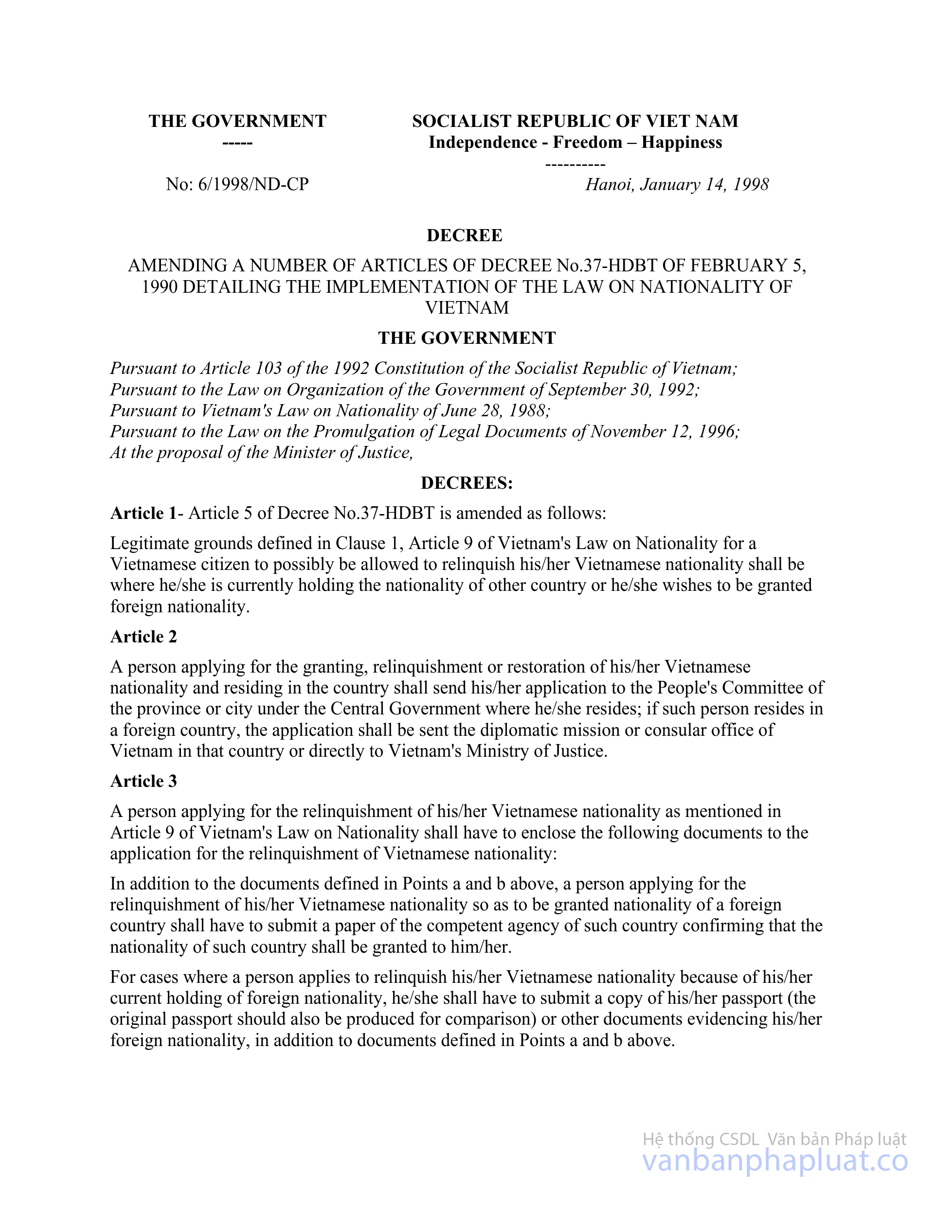 Decree No. 06/1998/ND-CP of January 14, 1998, amending a number of ...