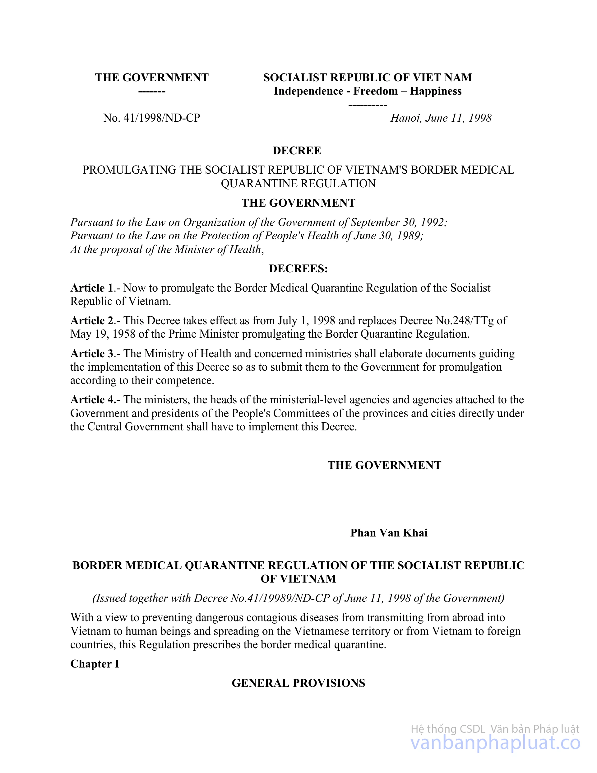 Decree No. 41/1998/ND-CP of June 11, 1998, promulgating the socialist ...