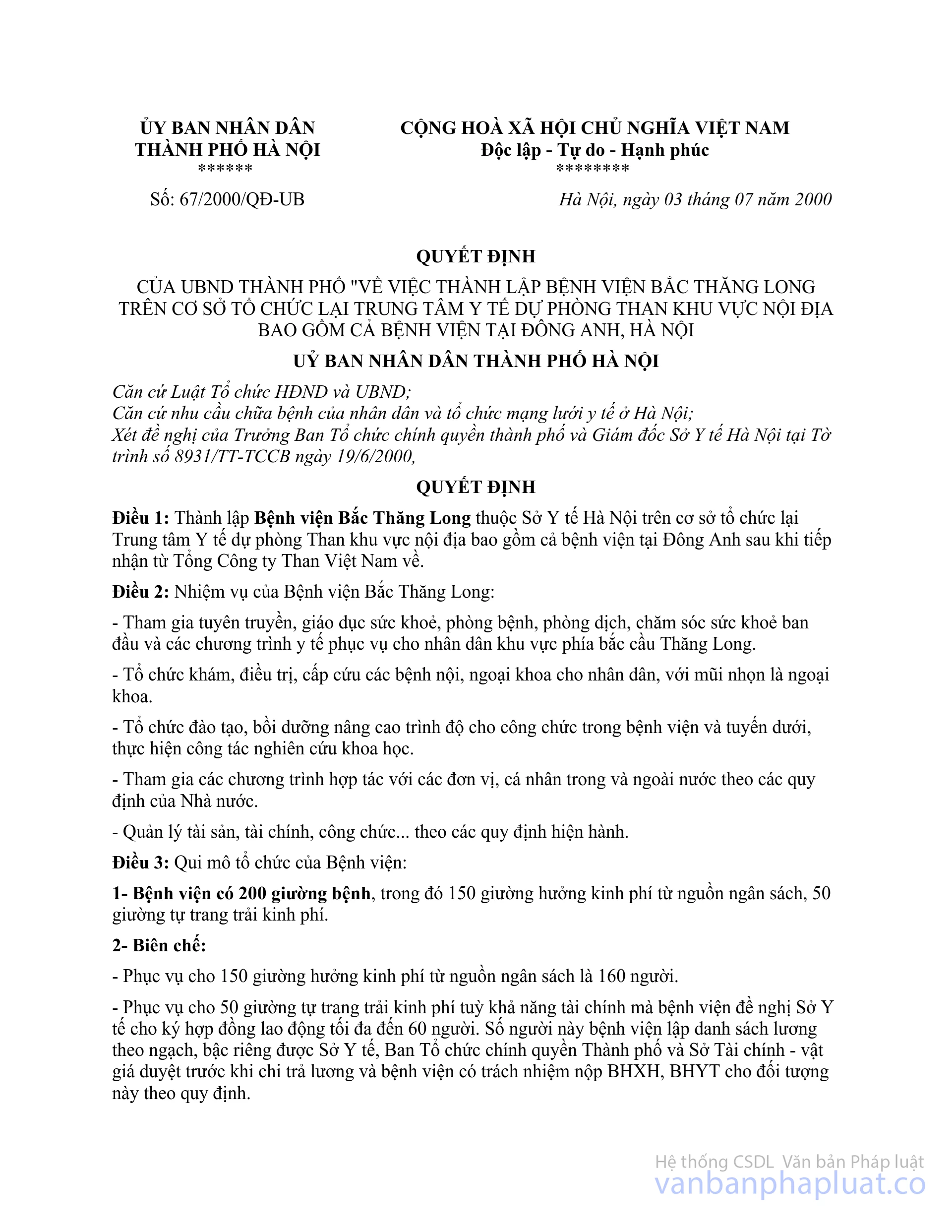Quyết định 67/2000/QĐ-UB thành lập Bệnh viện Bắc Thăng Long trên cơ sở ...