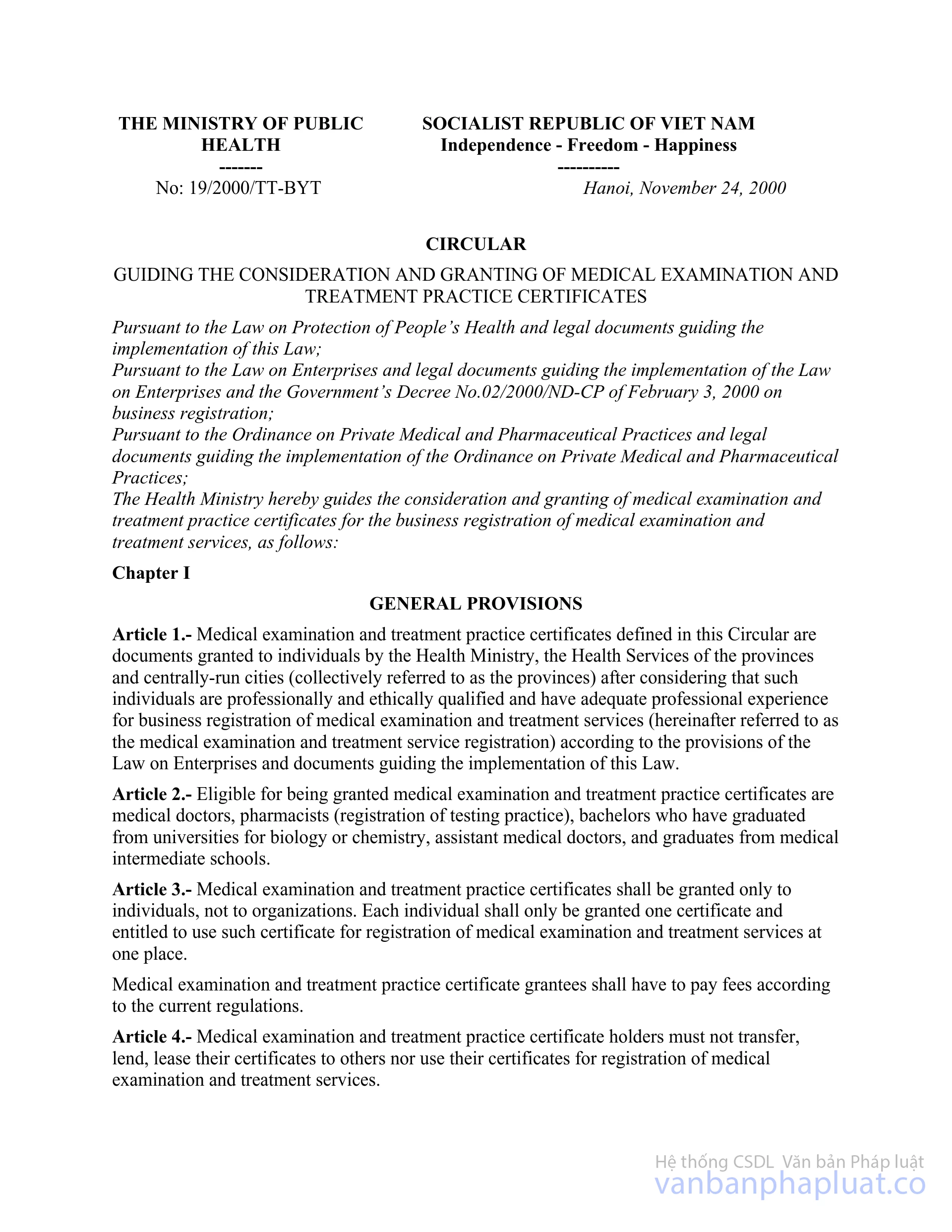 Circular No.19/2000/TT-BYT of November 24, 2000 guiding the ...
