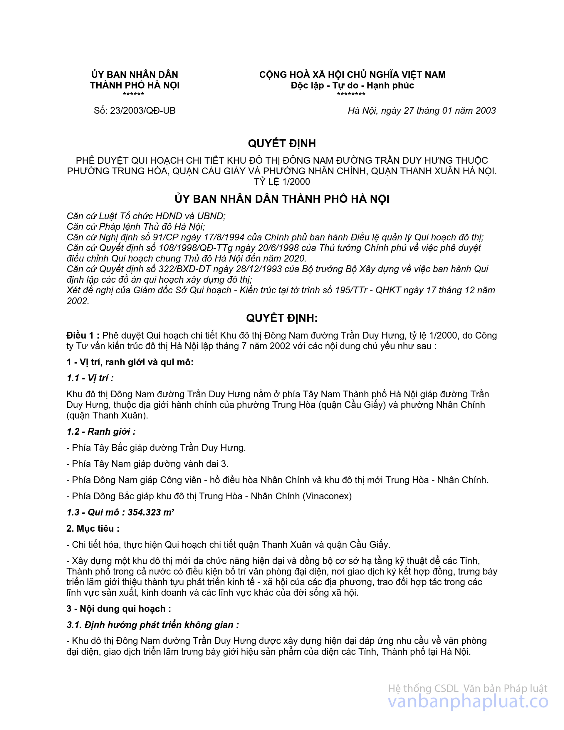 Quyết định 23/2003/QĐ-UB duyệt qui hoạch Khu đô thị Đông Nam đường Trần ...
