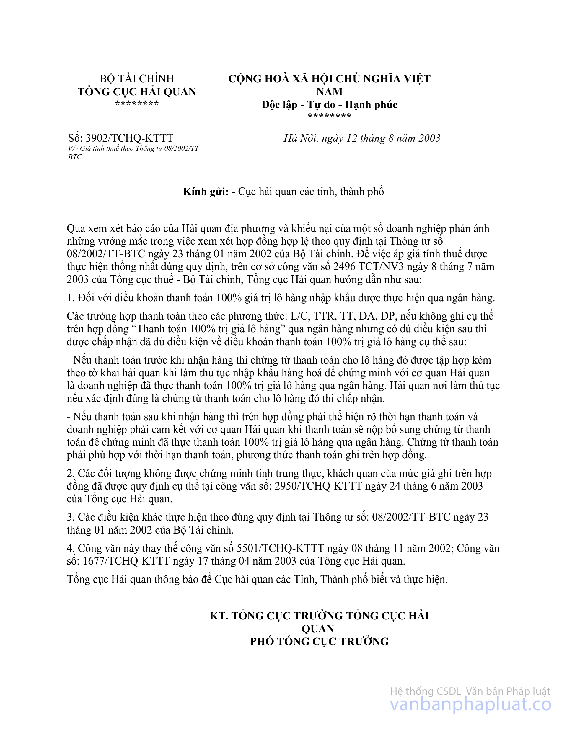 Công văn 3902/TCHQ-KTTT giá tính thuế theo TT 08/2002/TT-BTC