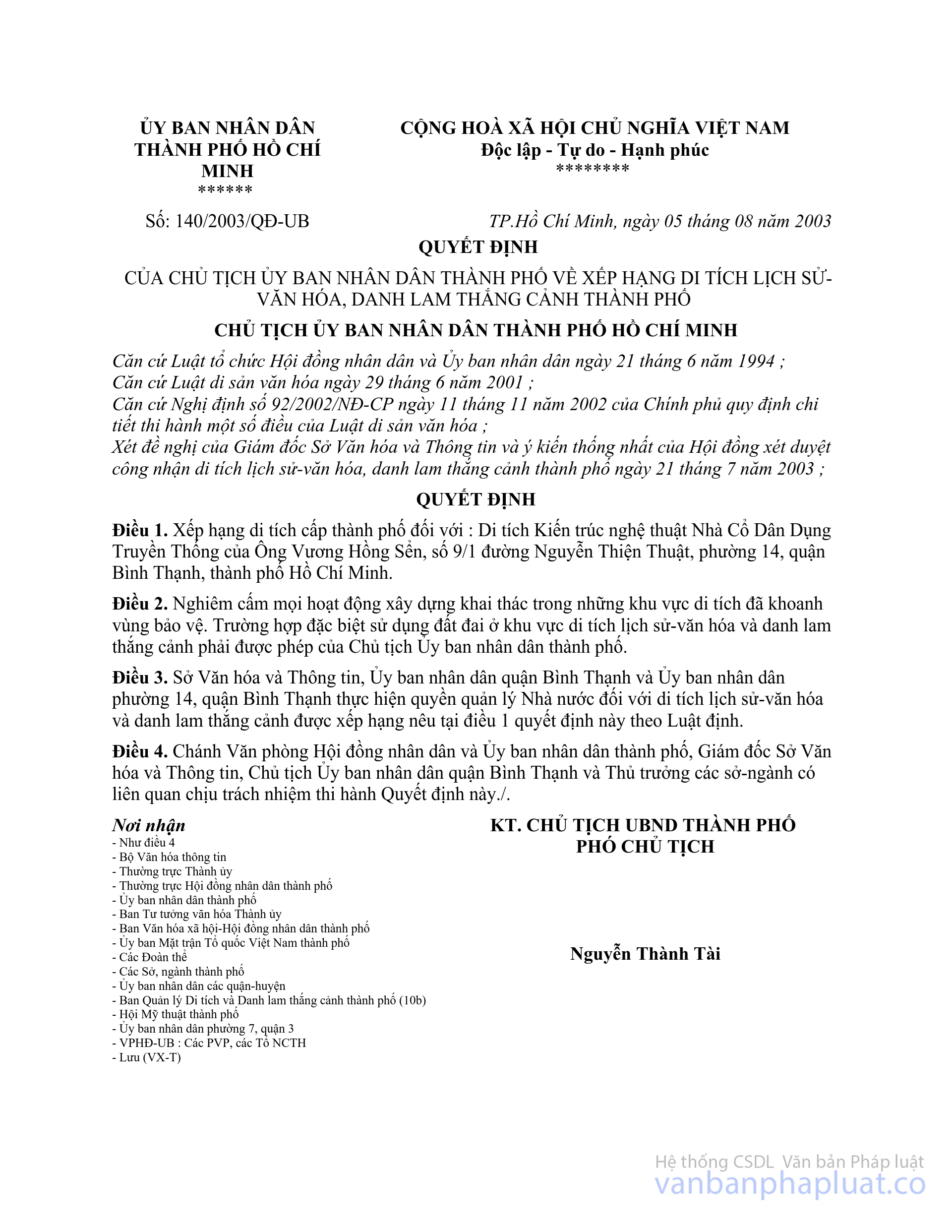 Quyết định 140/2003/QĐ-UB xếp hạng di tích lịch sử-văn hóa danh lam ...