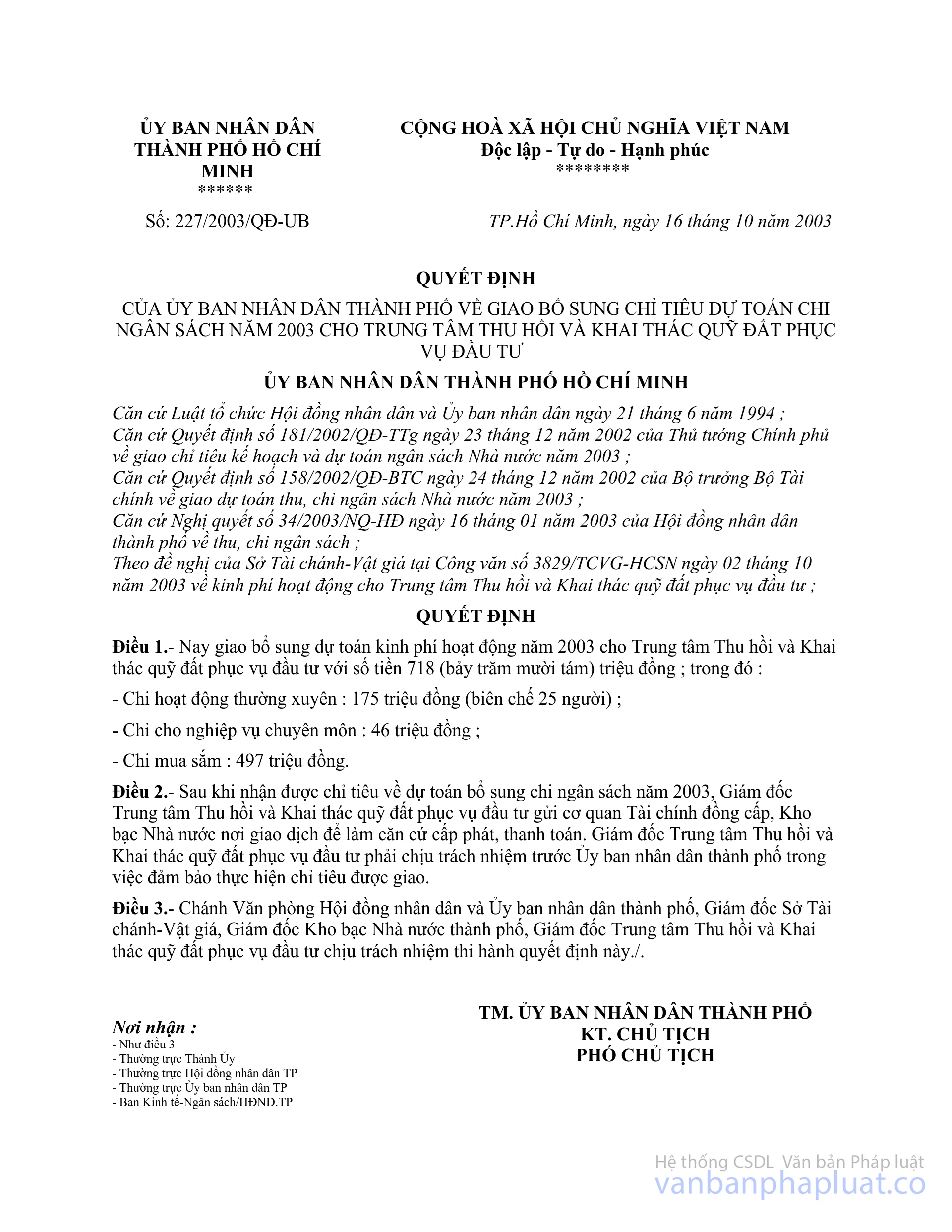 Quyết định 227/2003/QĐ-UB giao bổ sung chỉ tiêu dự toán chi ngân sách ...
