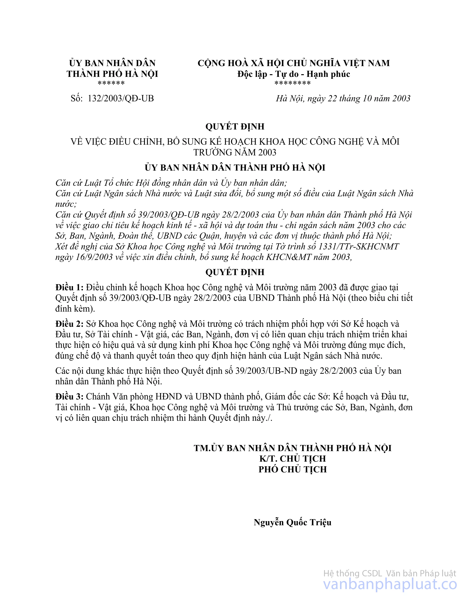 Quyết định 132/2003/QĐ-UB điều chỉnh kế hoạch Khoa học Công nghệ và Môi ...