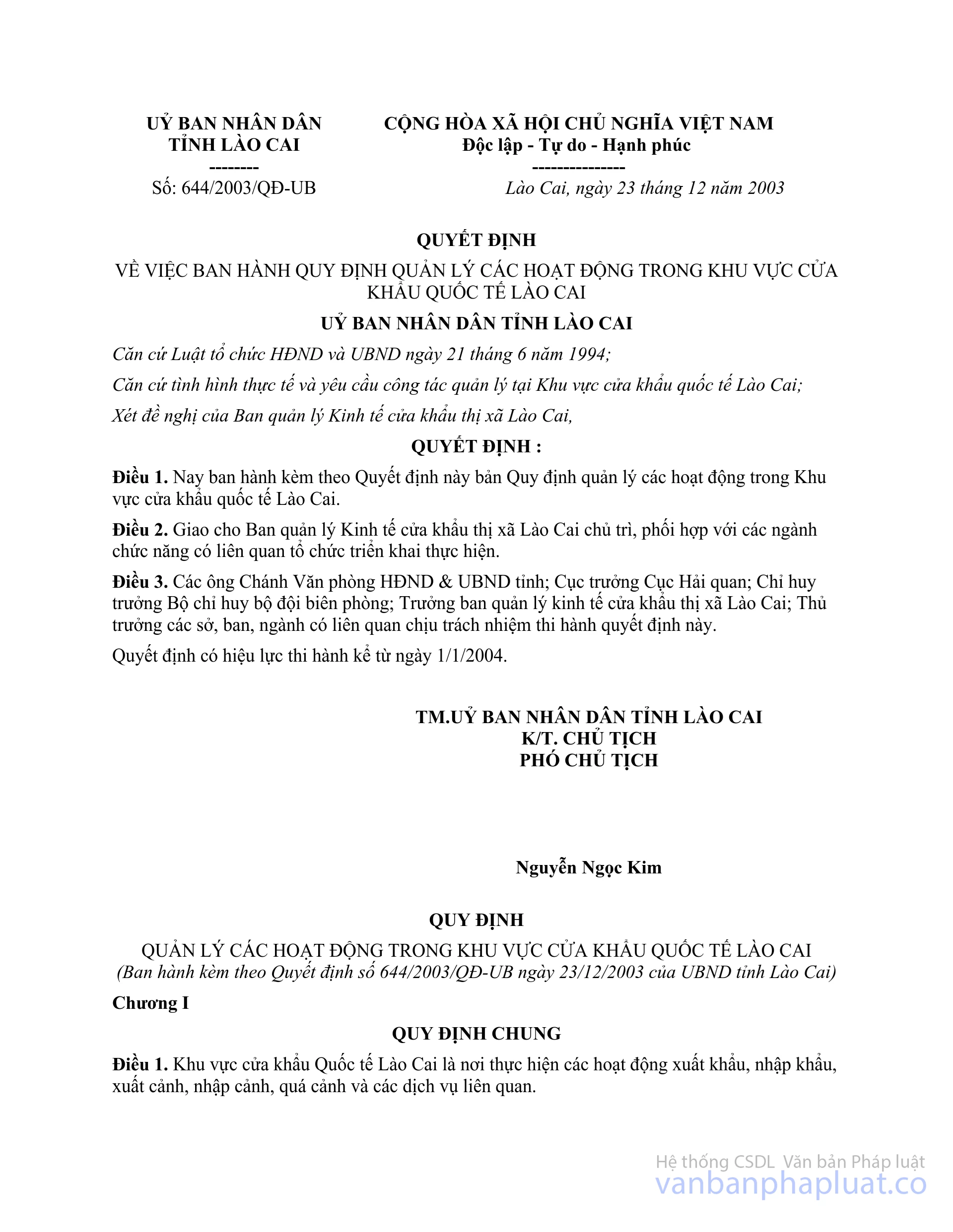 Quyết định 644/2003/QĐ-UB quản lý các hoạt động cửa khẩu quốc tế Lào Cai