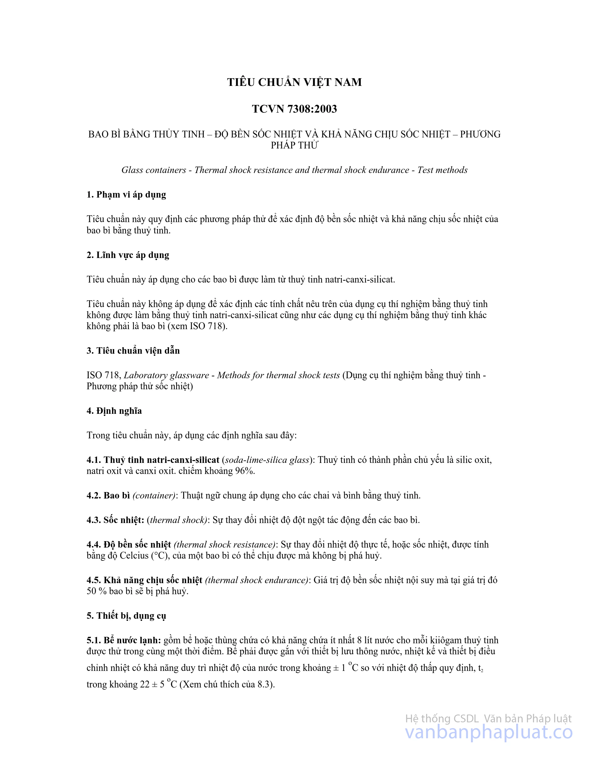 Tiêu chuẩn Việt Nam TCVN 7308:2003 (ISO 7459 : 1984) về Bao bì bằng thuỷ tinh - Độ bền sốc nhiệt ...