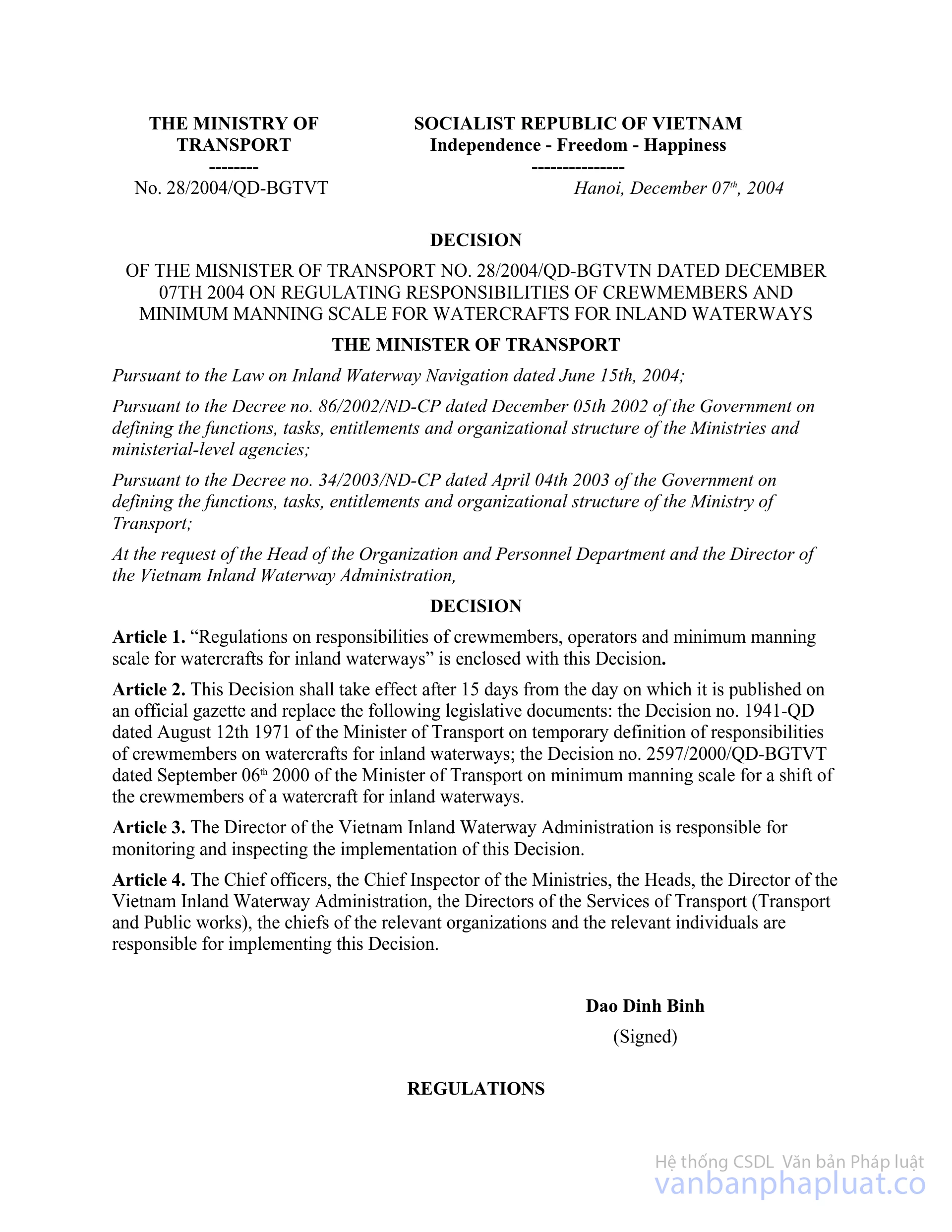 Decision No. 28/2004/QD-BGTVT responsibilities of crewmembers minimum ...