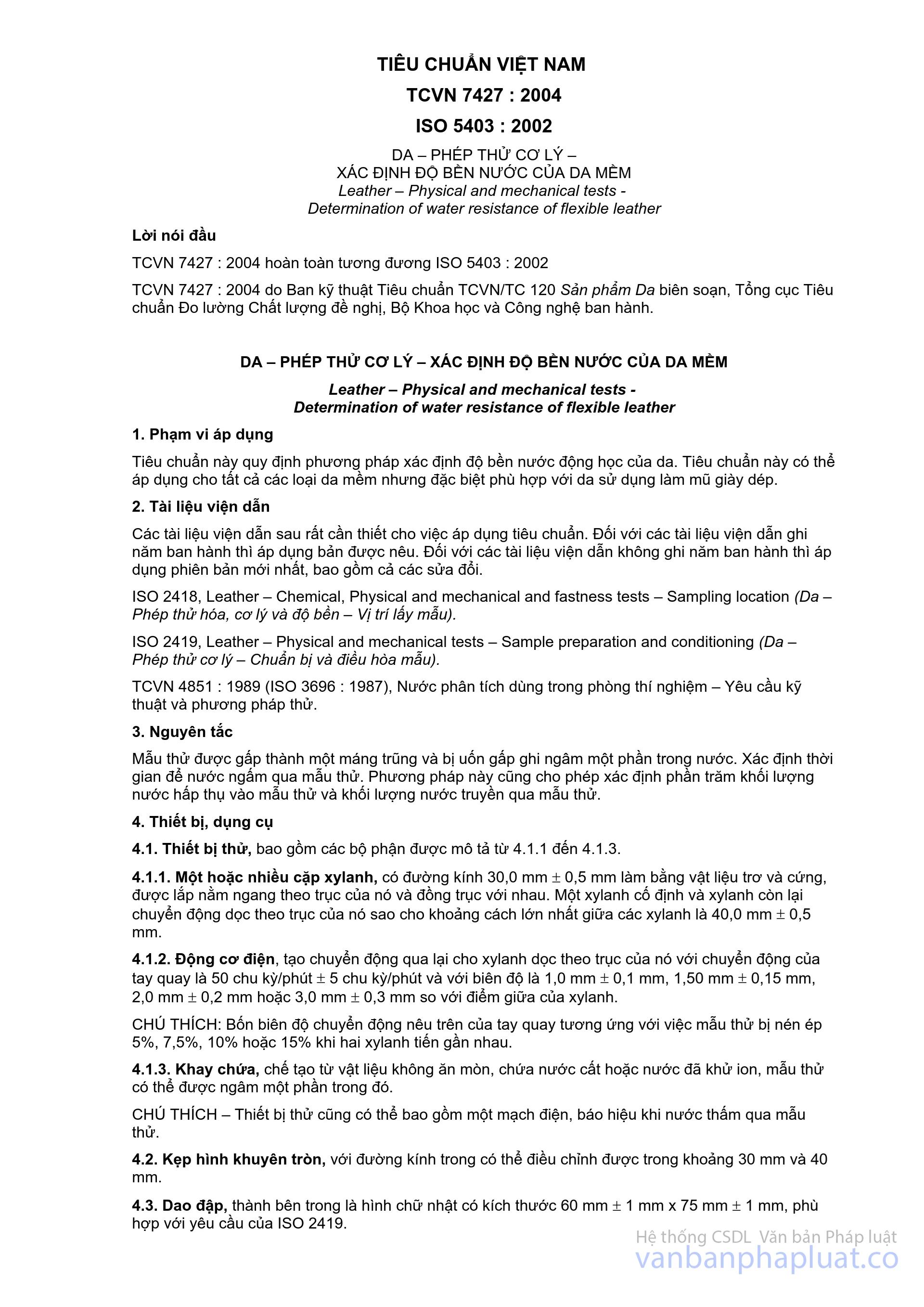 Tiêu chuẩn Việt Nam TCVN 7427:2004 (ISO 5403 : 2002) về Da - Phép thử ...