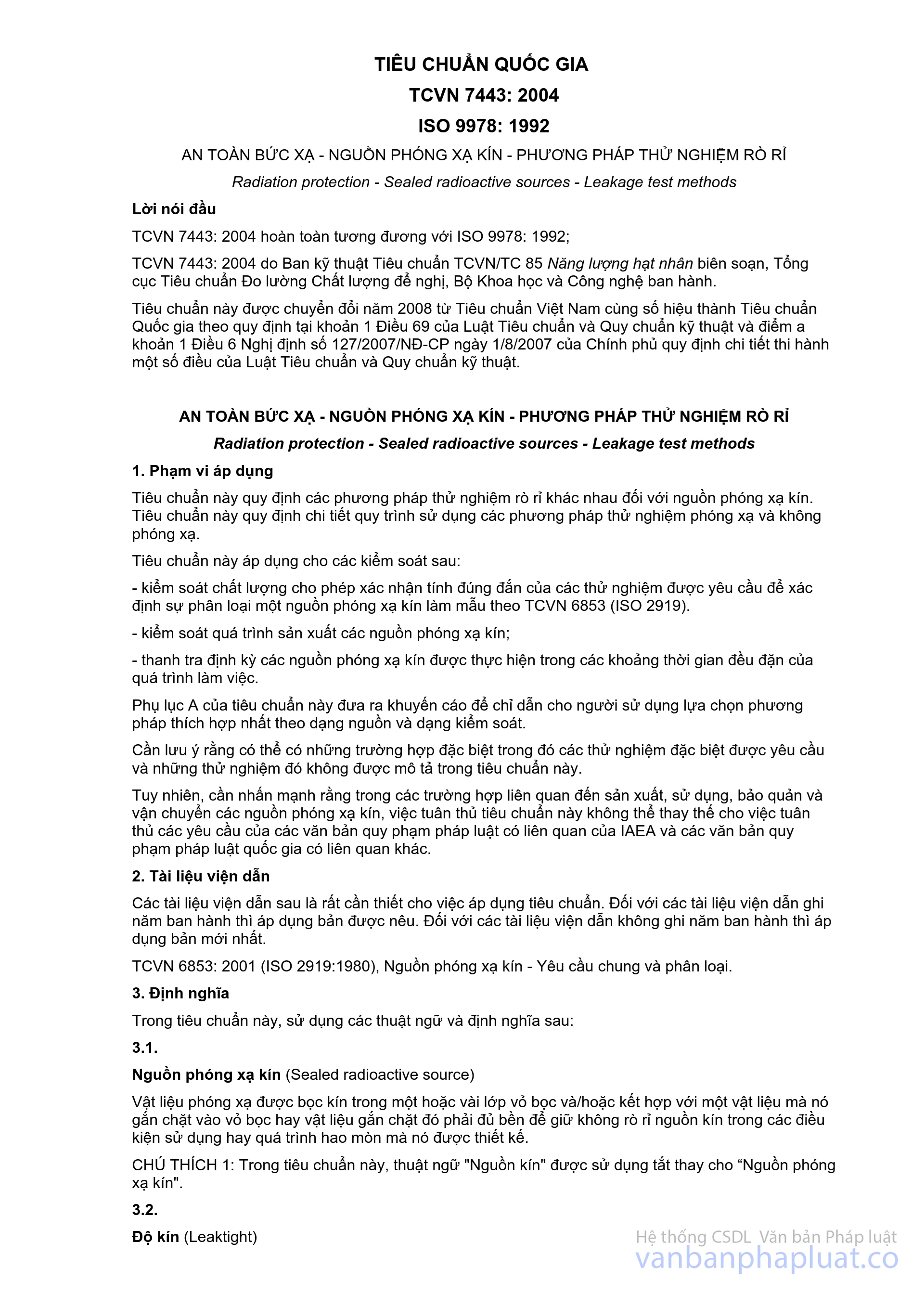Tiêu chuẩn quốc gia TCVN 7443:2004 (ISO 9978: 1992) về An toàn bức xạ ...