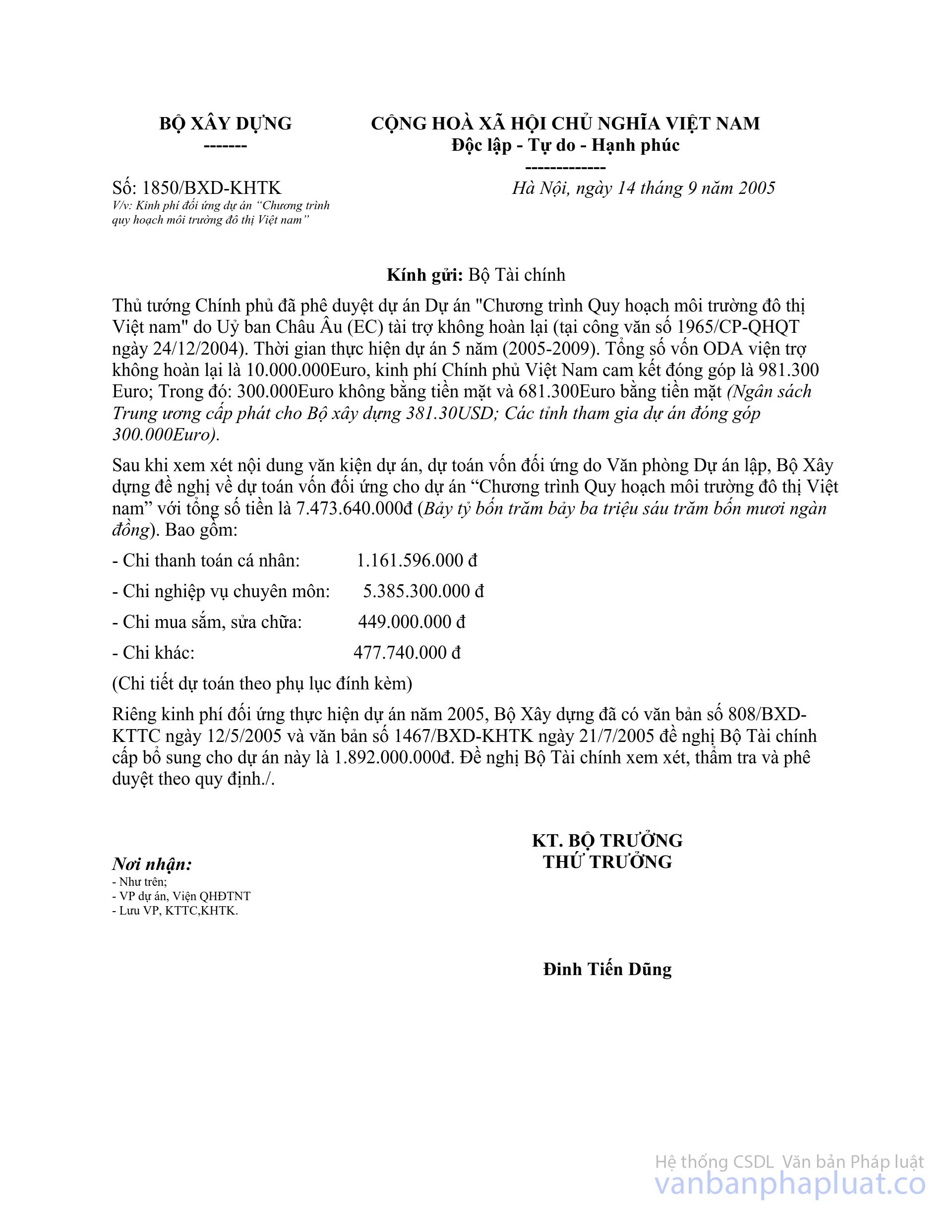 Công văn 1850/BXD-KHTK kinh phí đối ứng dự án “Chương trình quy hoạch ...