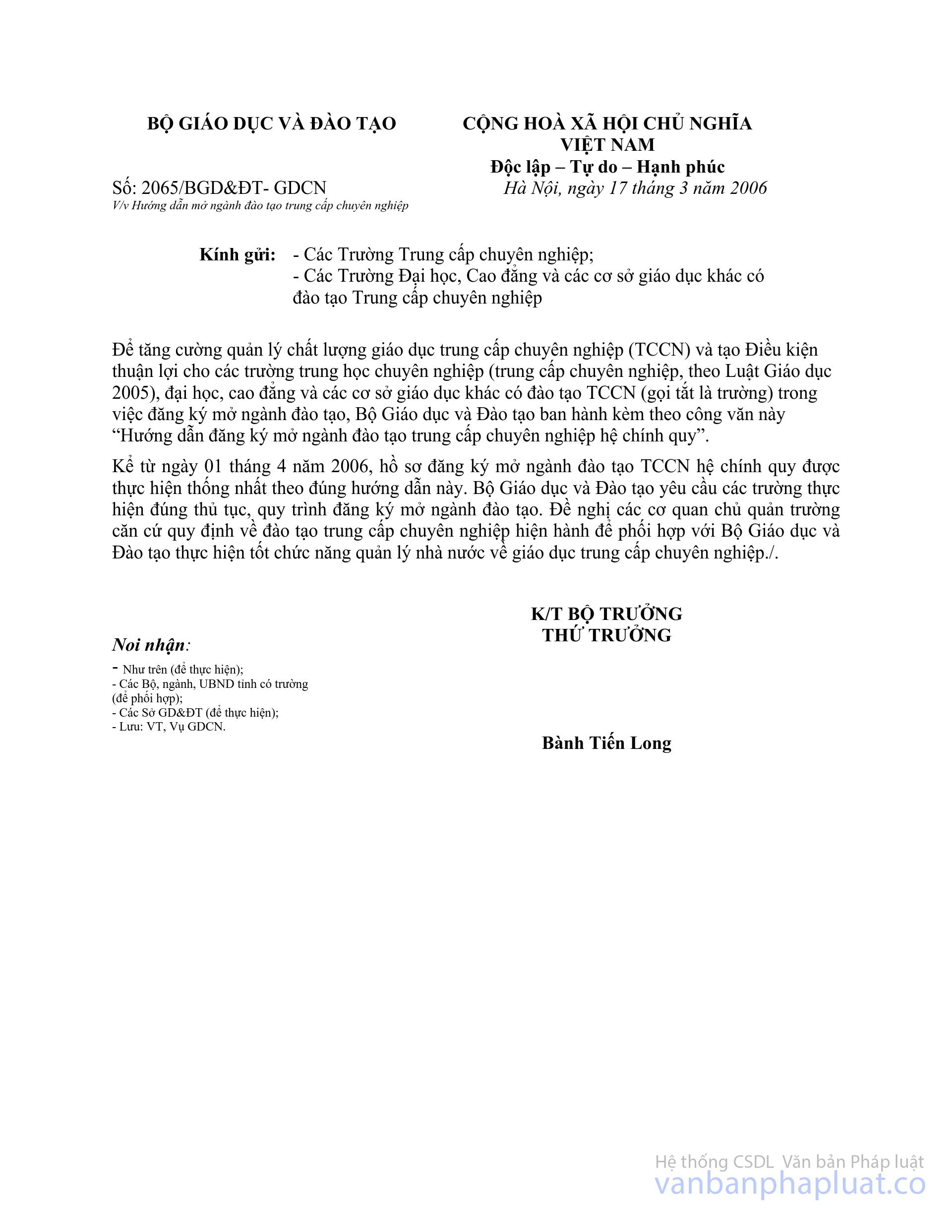 Công văn 2065/BGD&ĐT-GDCN Hướng dẫn mở ngành đào tạo trung cấp chuyên ...