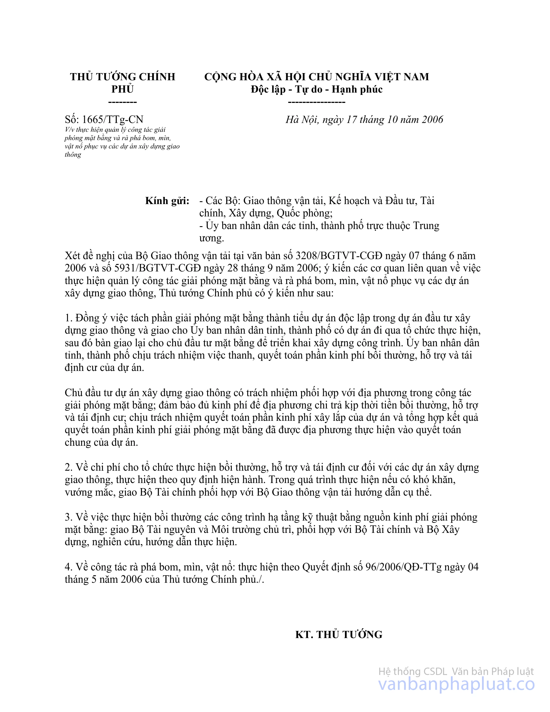 Công văn 1665/TTg-CN 2006 giải phóng mặt bằng rà phá bom mìn vật nổ dự ...