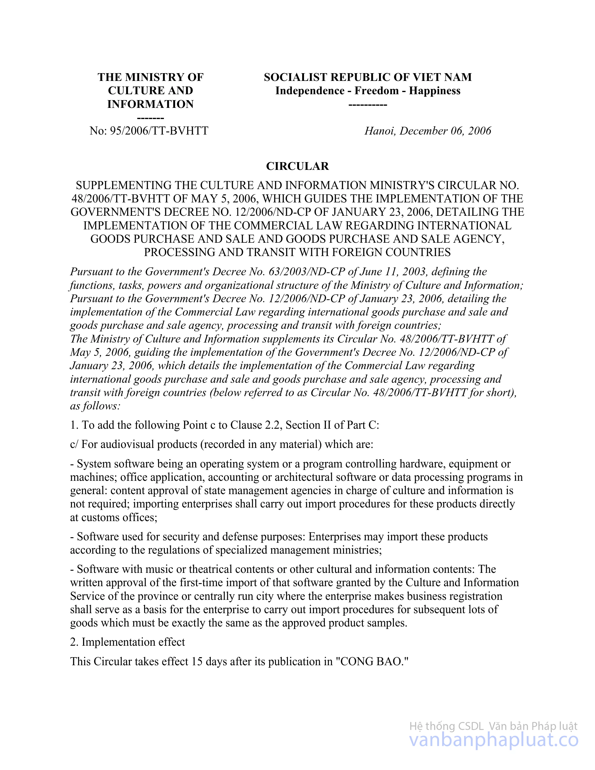 Circular No 95 2006 TT BVHTT Of December 06 2006 Supplementing The circular-no-95-2006-tt-bvhtt-of-december-06-2006-supplementing-the