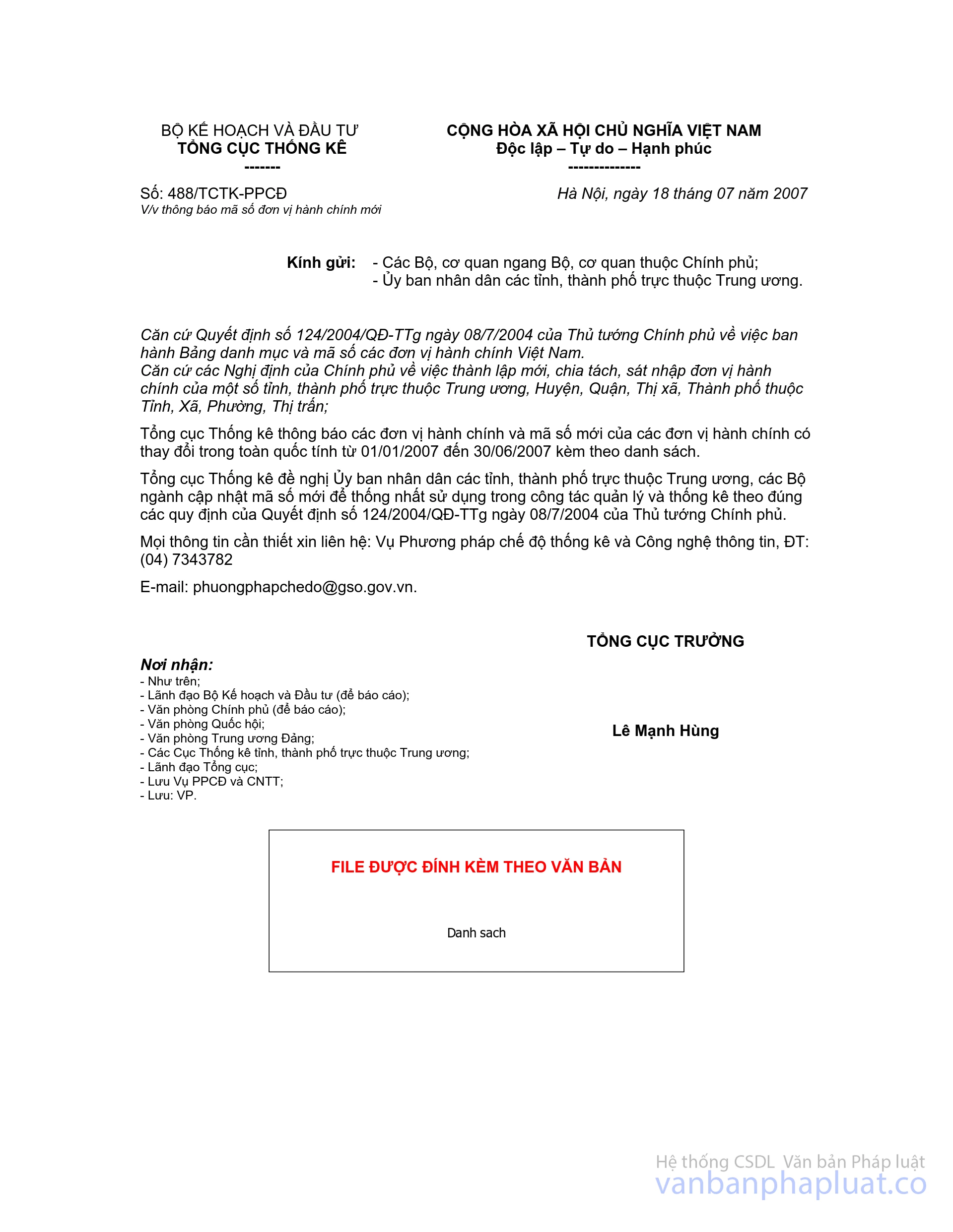 Công văn 488/TCTK-PPCĐ thông báo mã số đơn vị hành chính mới