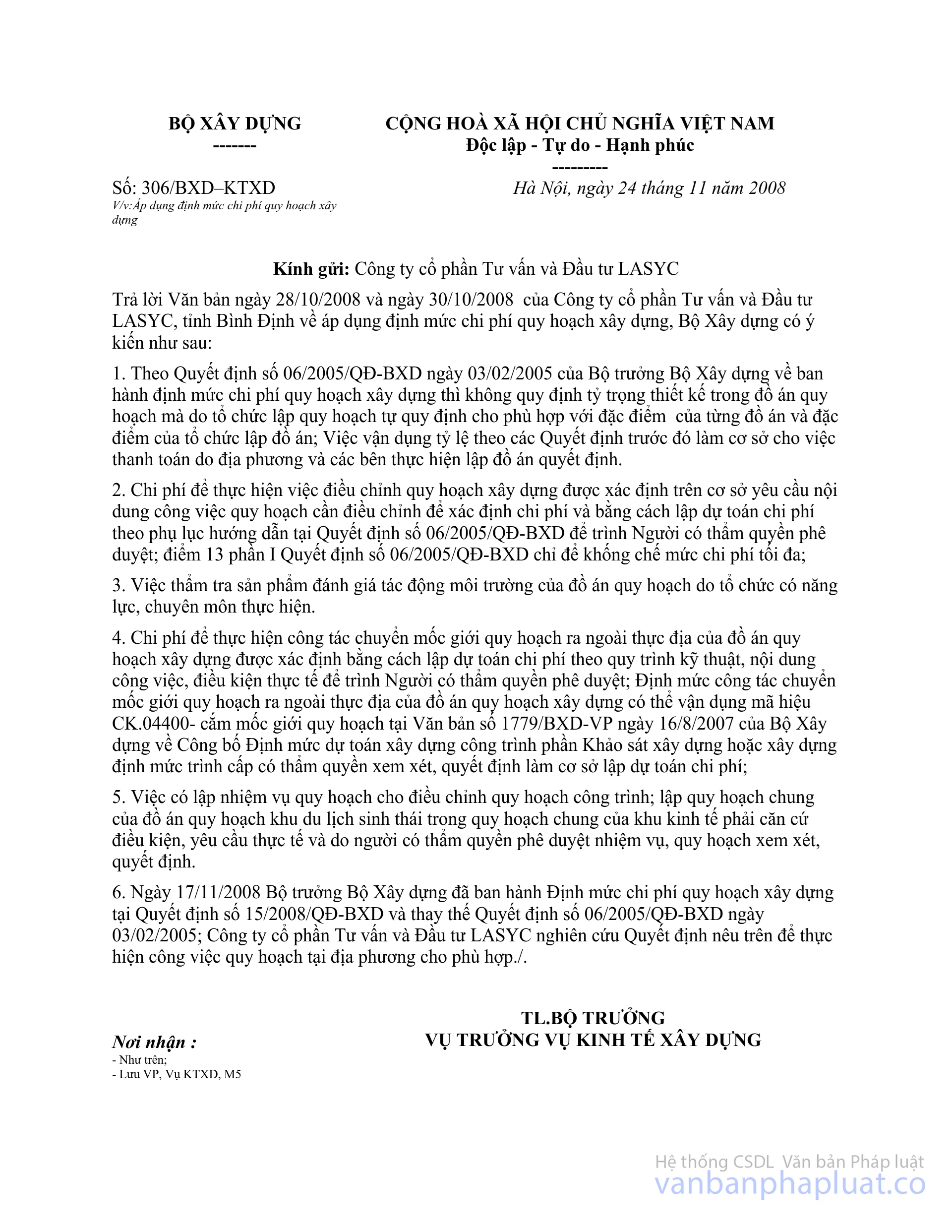 Công văn 306/BXD-KTXD Áp dụng định mức chi phí quy hoạch xây dựng