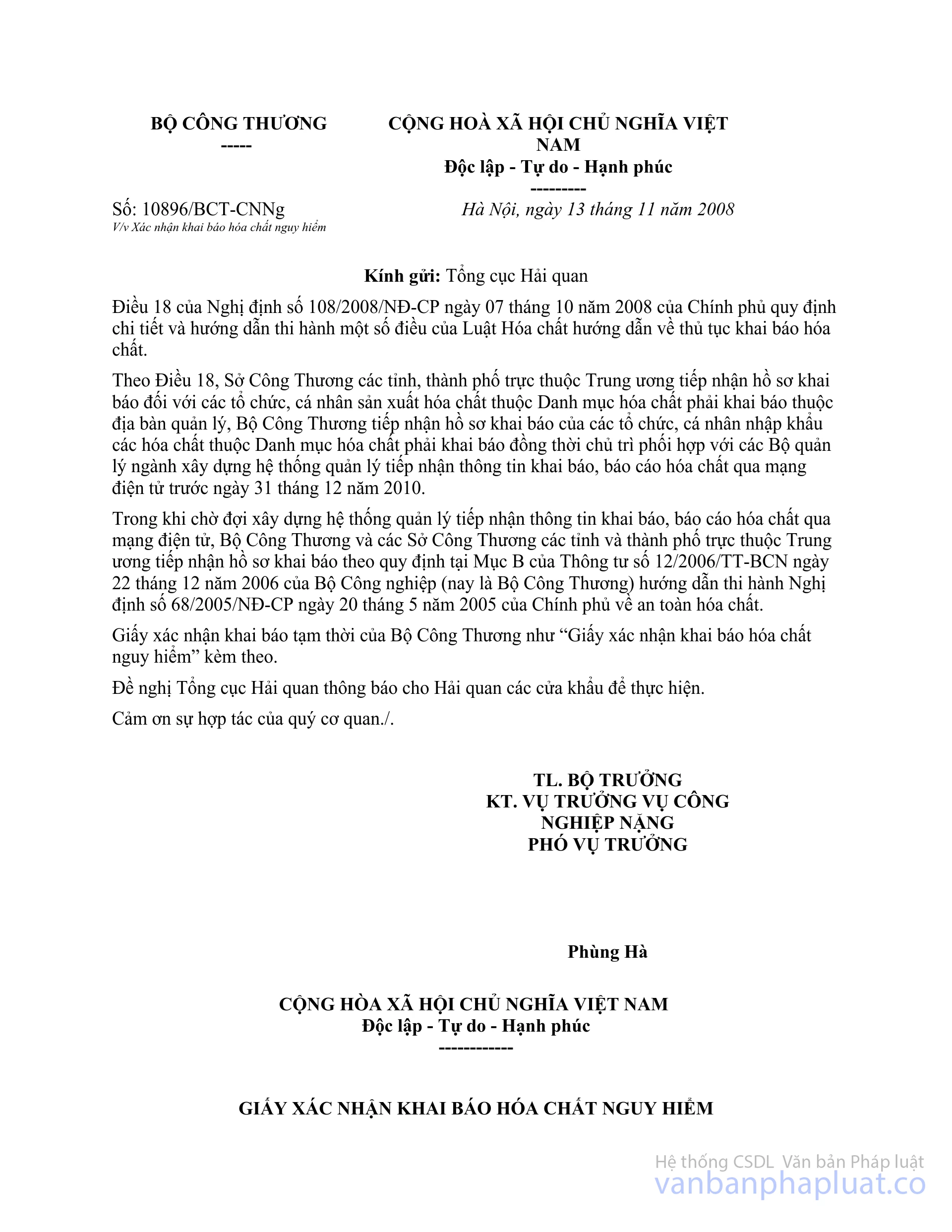 Công văn 10896/BCT-CNNg Xác nhận khai báo hóa chất nguy hiểm
