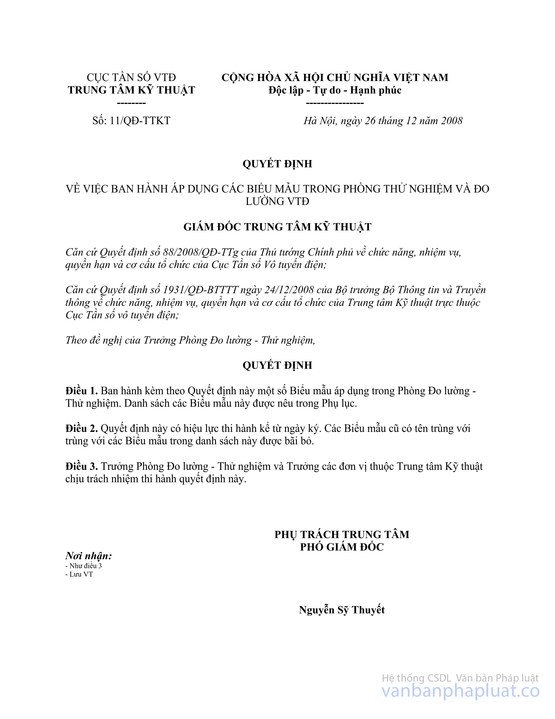 Quyết định 11/QĐ-TTKT năm 2008 áp dụng biểu mẫu trong Phòng Thử nghiệm ...