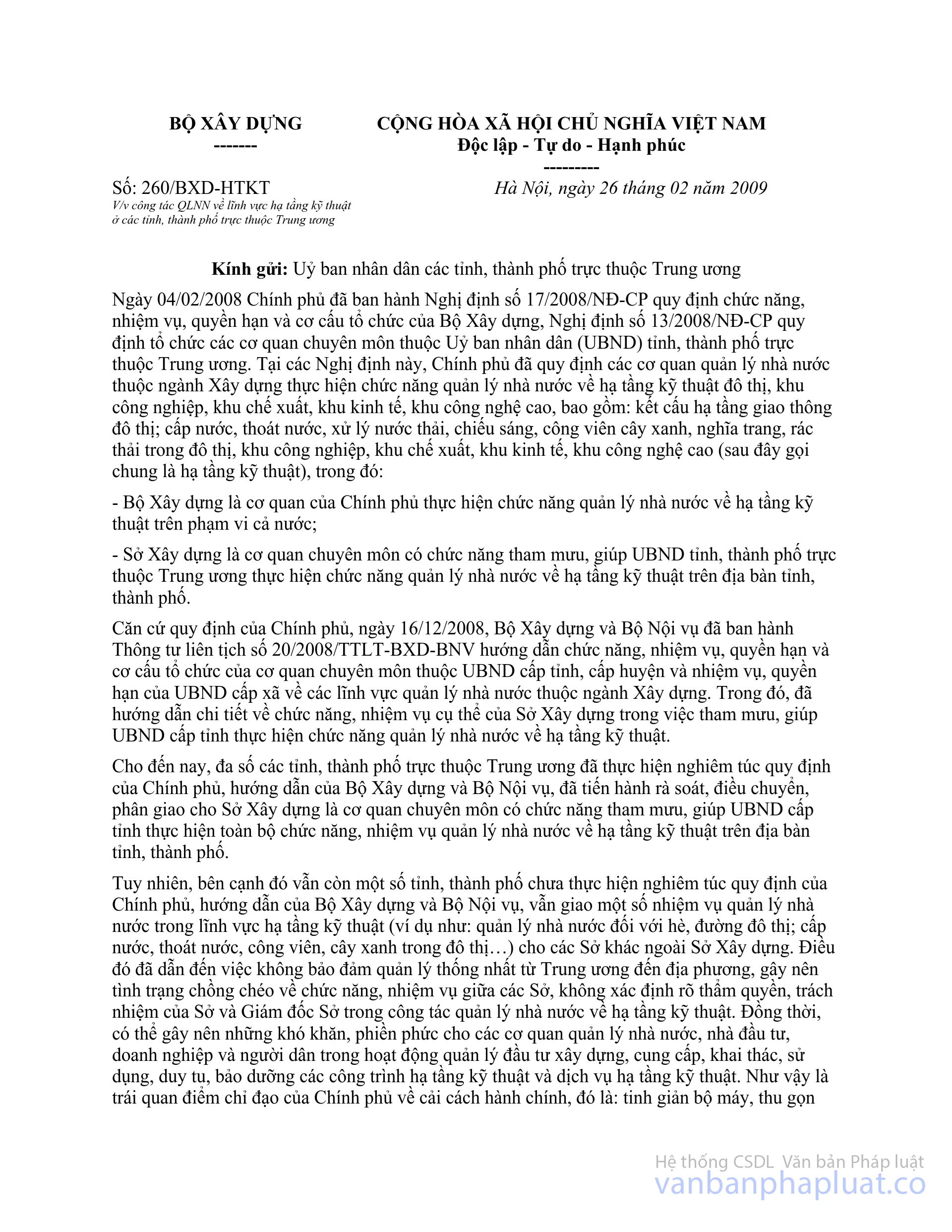 Công văn 260/BXD-HTKT công tác quản lý nhà nước về lĩnh vực hạ tầng kỹ ...