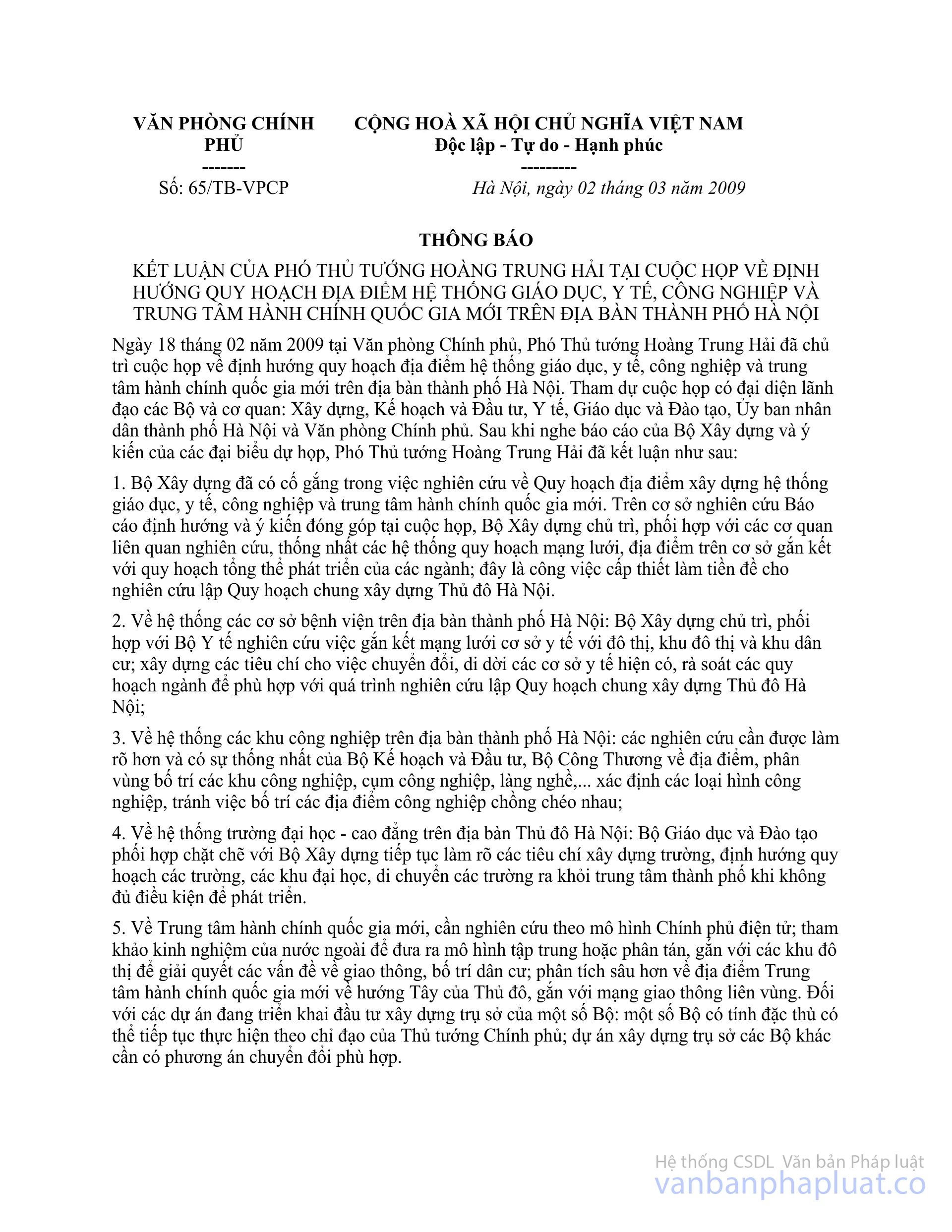 Thông báo 65/TB-VPCP kết luận Phó Thủ tướng Hoàng Trung Hải họp định ...