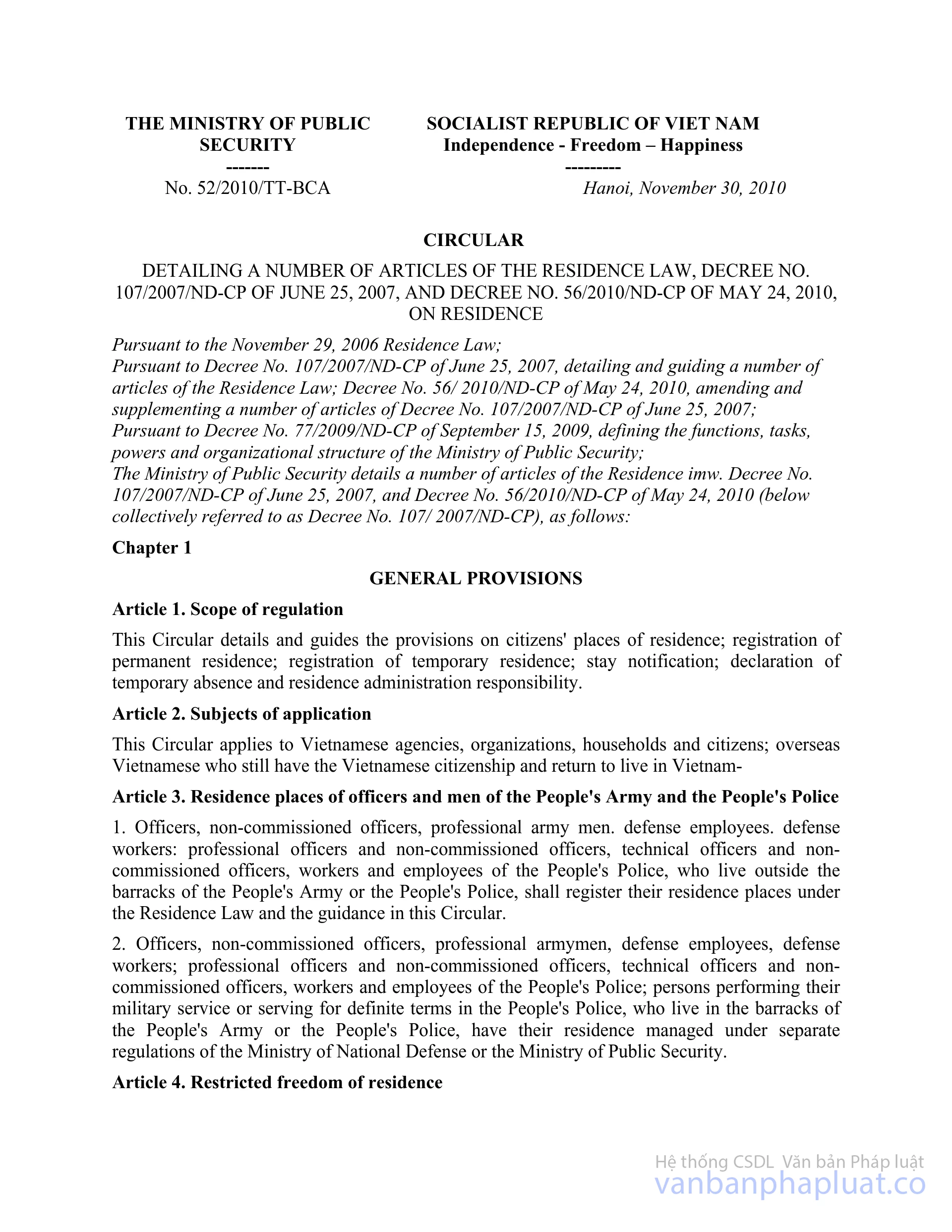 Circular No. 52/2010/TT-BCA detailing a number of articles of the residence law