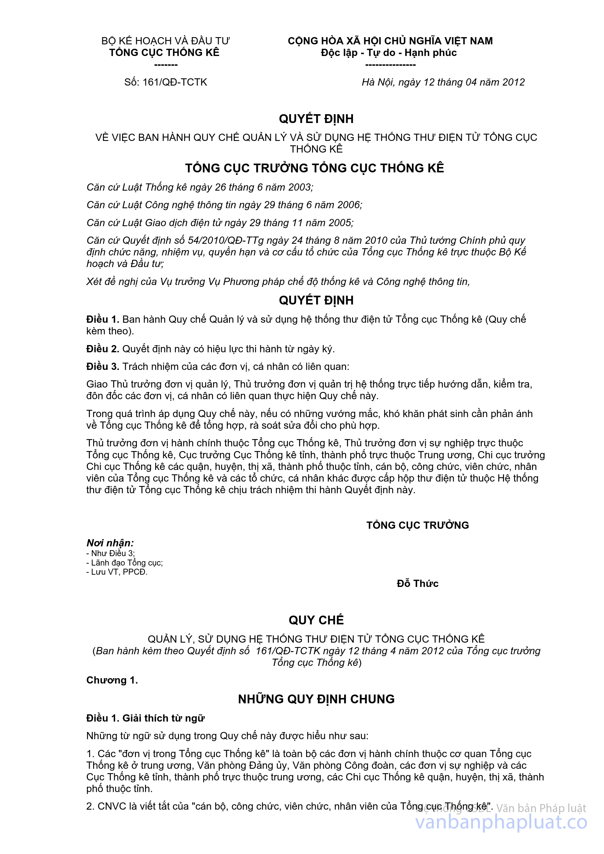 Quyết định 161/QĐ-TCTK Quy chế Quản lý và sử dụng Hệ thống thư điện tử