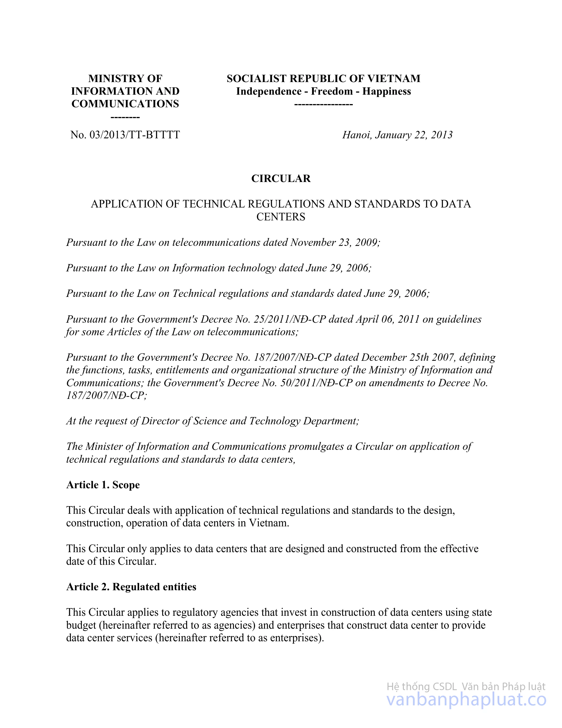Circular No. 03/2013/TT-BTTTT application of technical regulations and ...