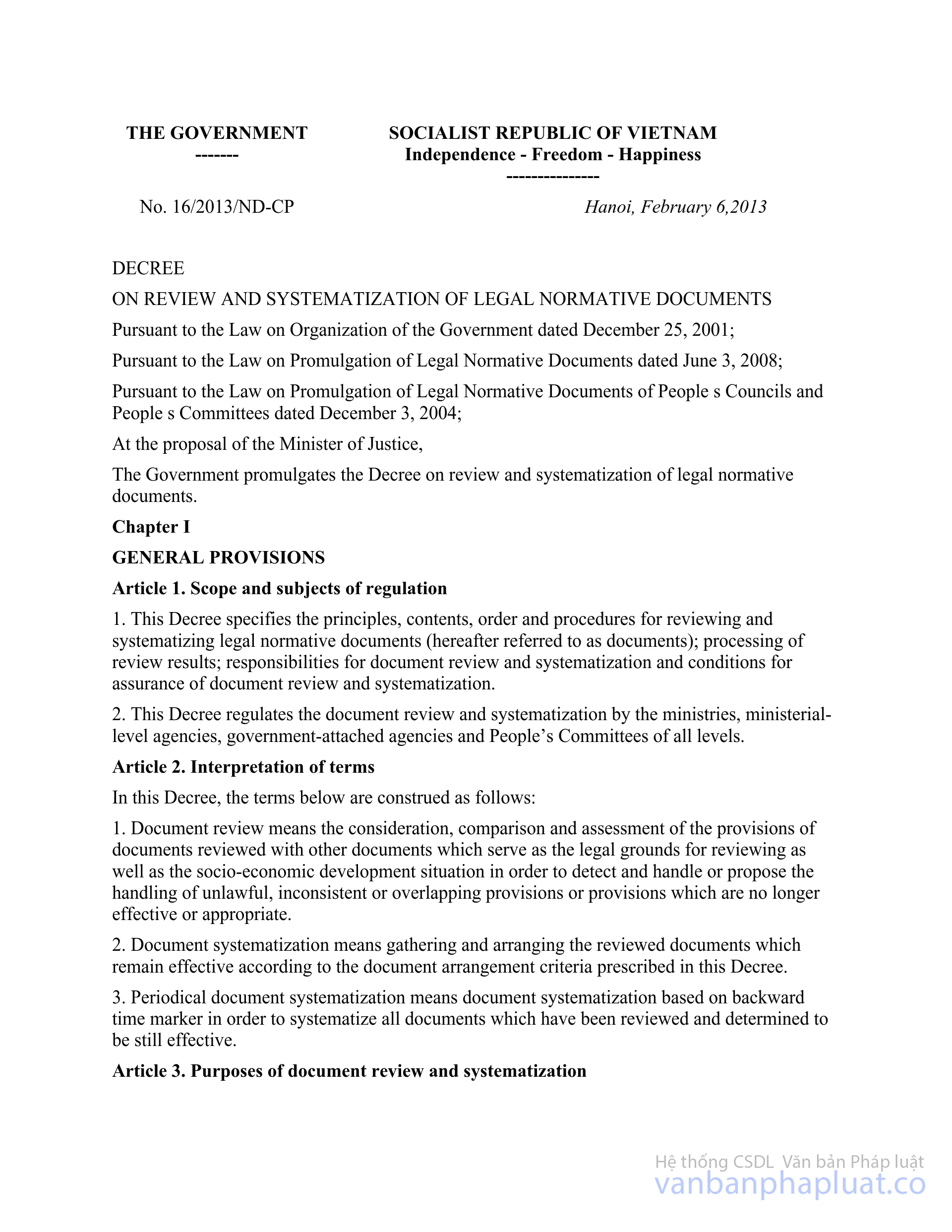 Decree No. 16/2013/ND-CP review and systematization of legal normative ...