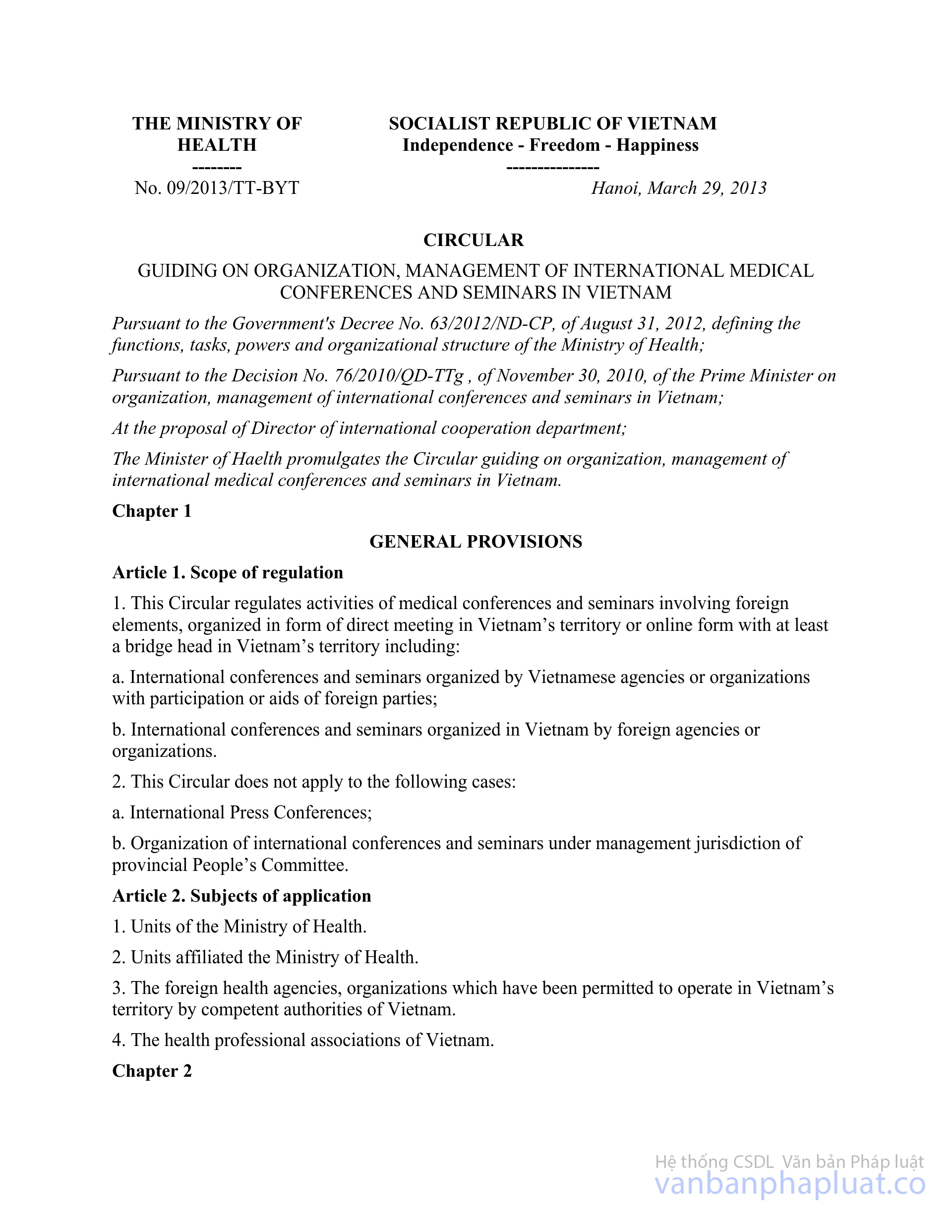 Circular No. 09/2013/TT-BYT guiding on organization management of ...