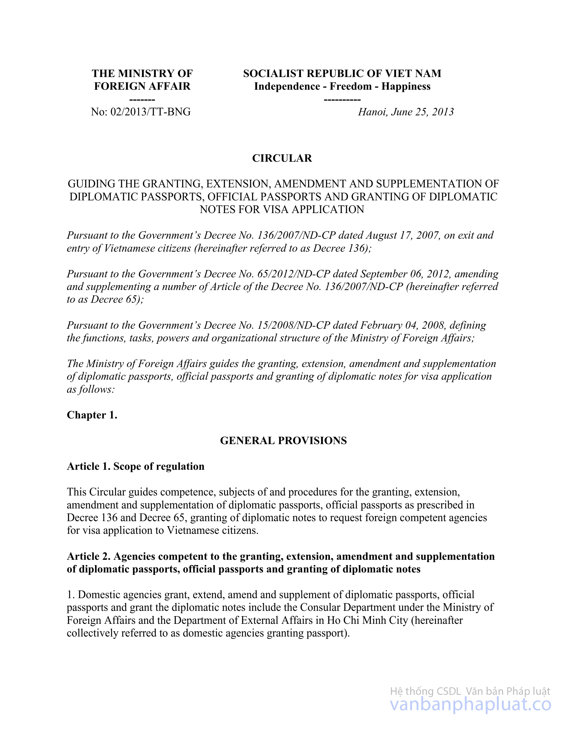 Circular No. 02/2013/TT-BNG granting extension diplomatic passports ...