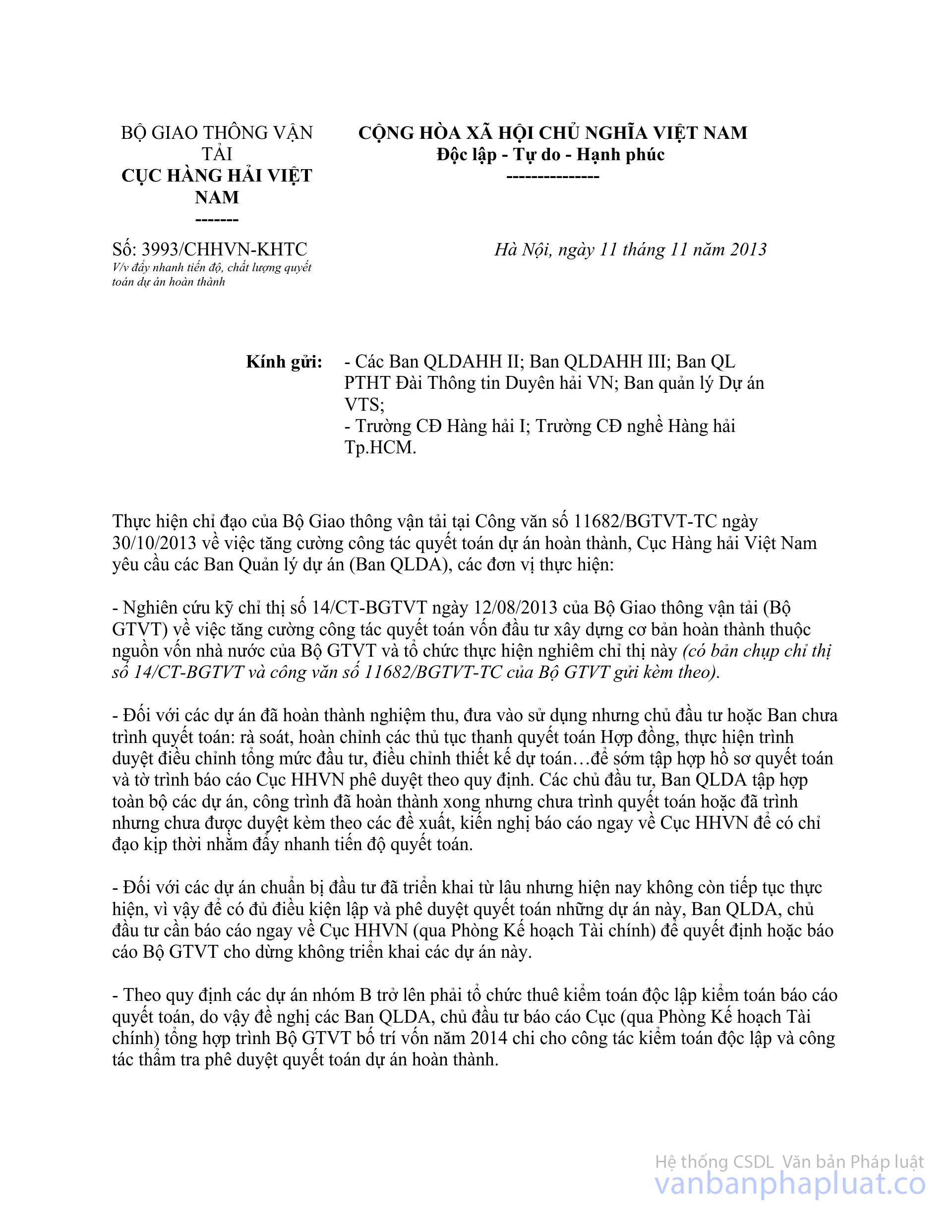 Công văn 3993/CHHVN-KHTC 2013 đẩy nhanh quyết toán dự án hoàn thành ...