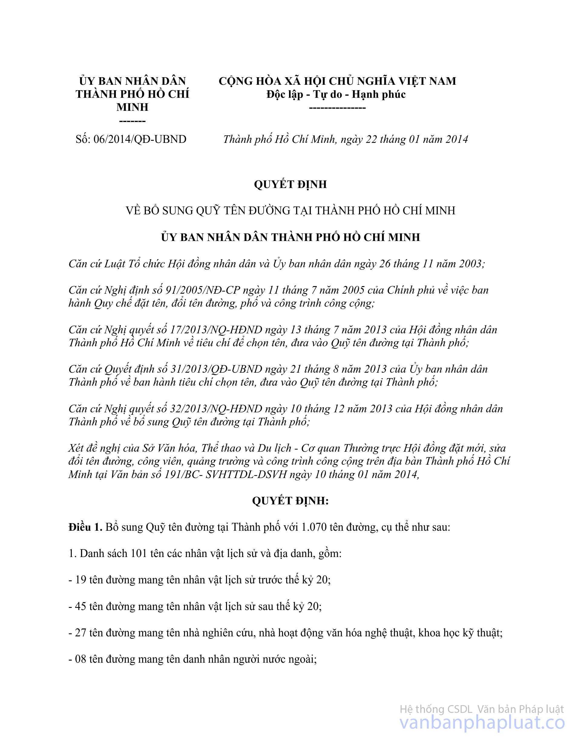 Quyết định 06/2014/QĐ-UBND bổ sung quỹ tên đường thành phố Hồ Chí Minh