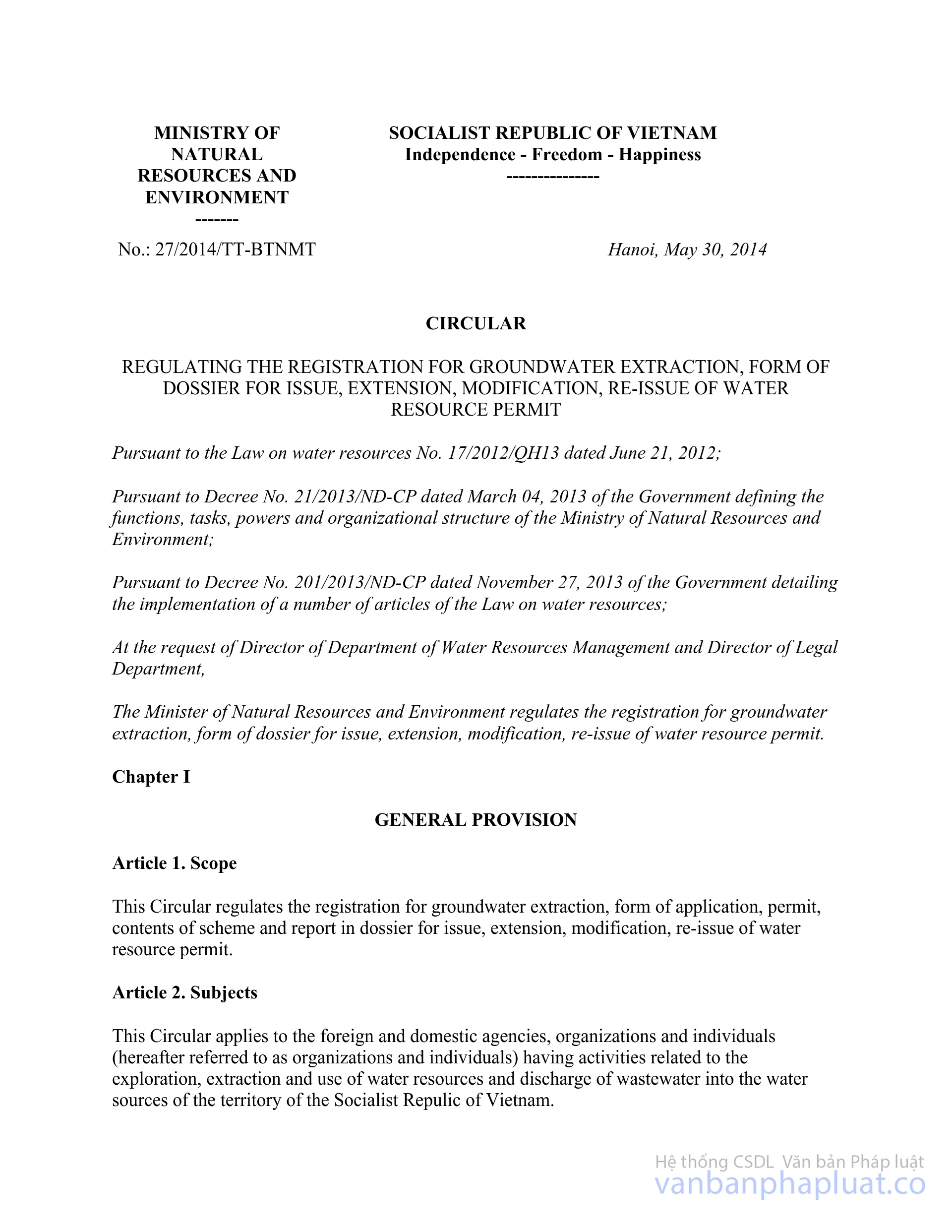 Circular No.27/2014/TT-BTNMT registration for groundwater extraction ...