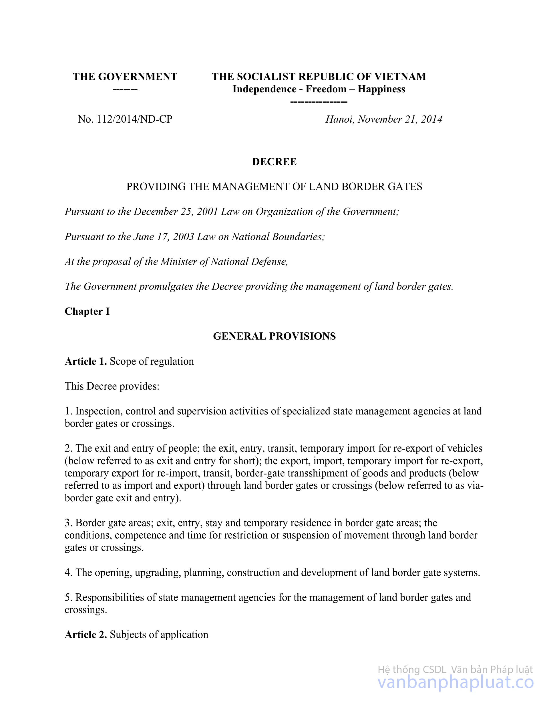 Decree No. 112/2014/ND-CP providing the management of land border gates
