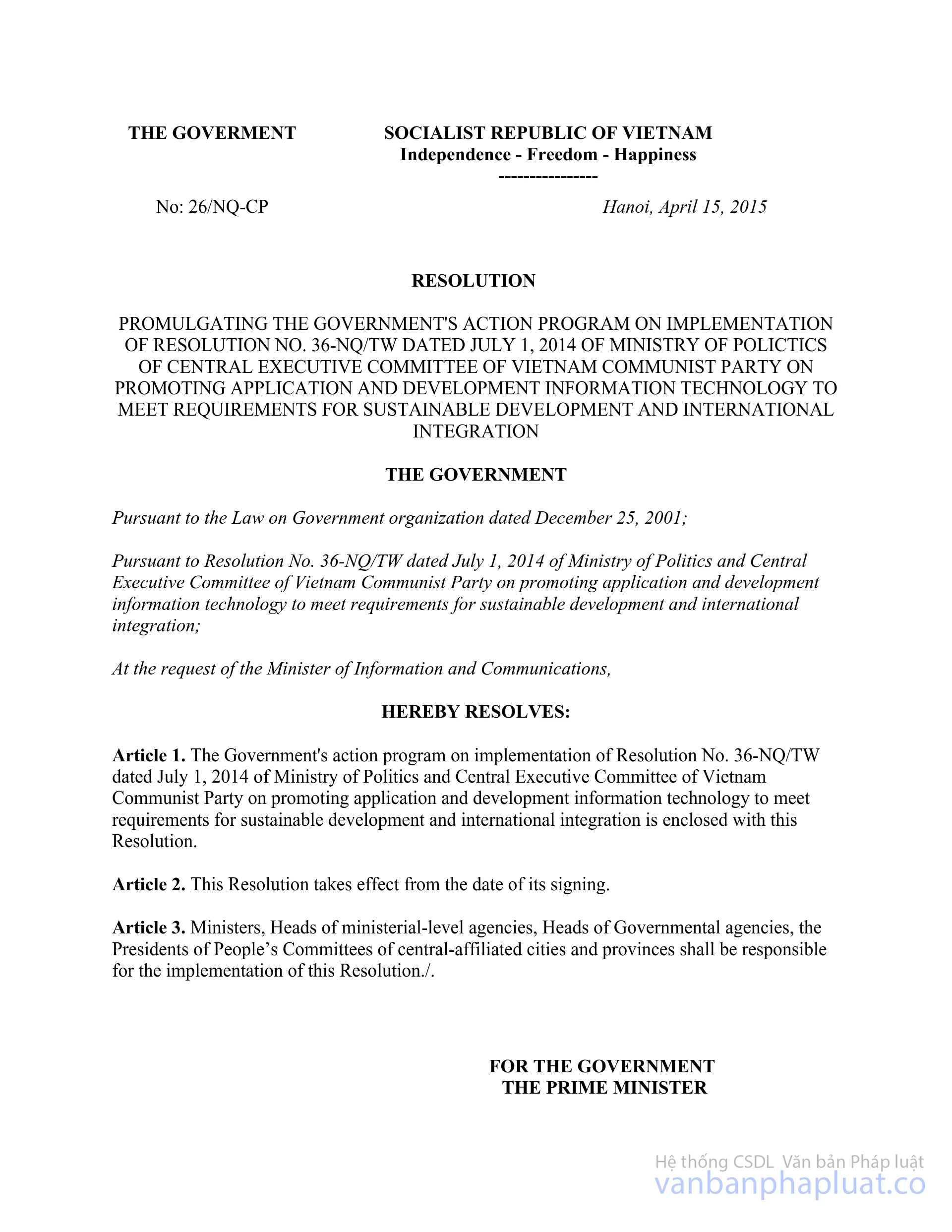 Resolution No. 26/NQ-CP 2015 action program on implementation of ...