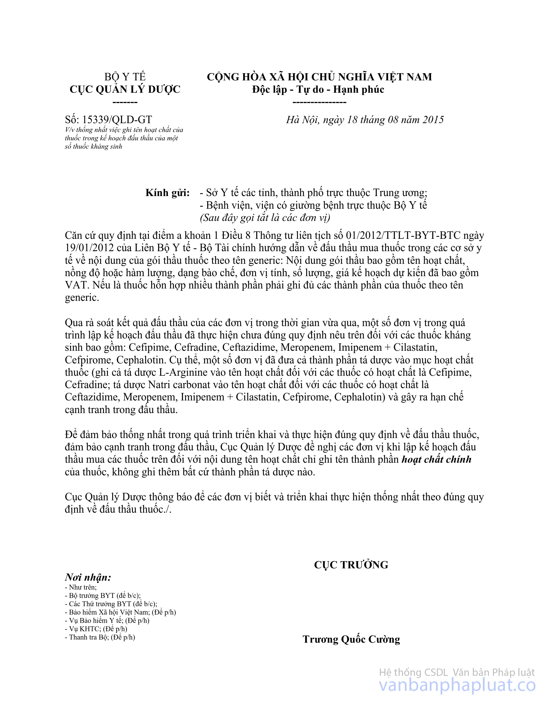 Công văn 15339/QLD-GT thống nhất ghi tên hoạt chất thuốc trong kế hoạch ...