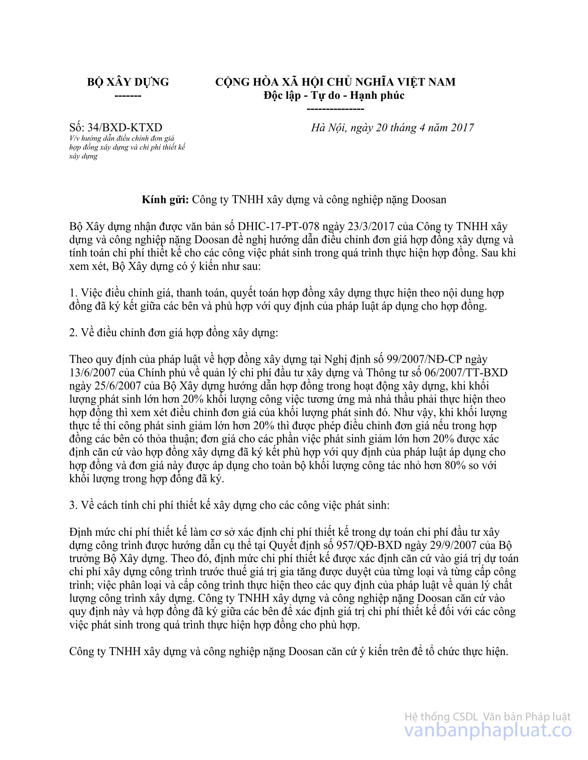 Công văn 34/BXD-KTXD 2017 điều chỉnh đơn giá hợp đồng xây dựng chi phí ...