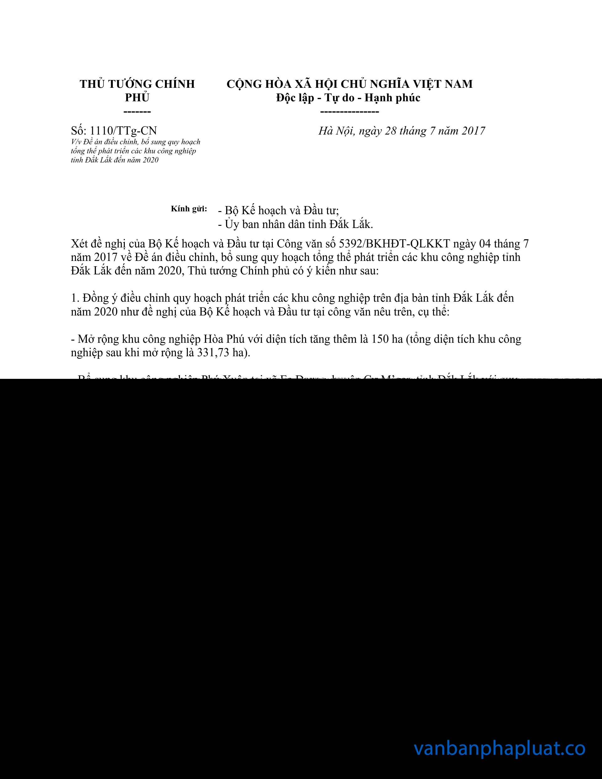 Công văn 1110/TTg-CN 2017 quy hoạch tổng thể phát triển khu công nghiệp ...